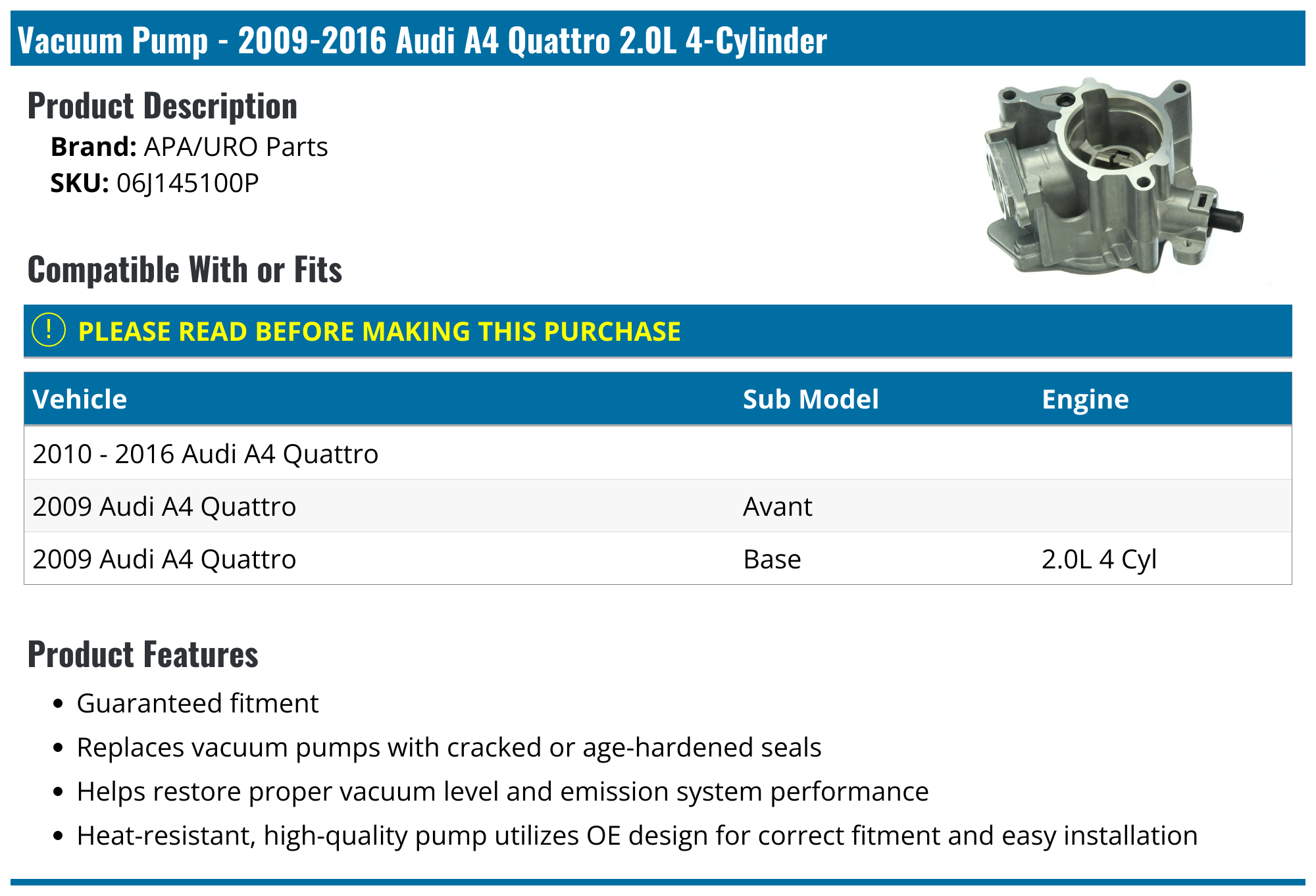 2009-2016 Audi A4 Quattro Vacuum Pump - APA/URO Parts 06J145100P ...