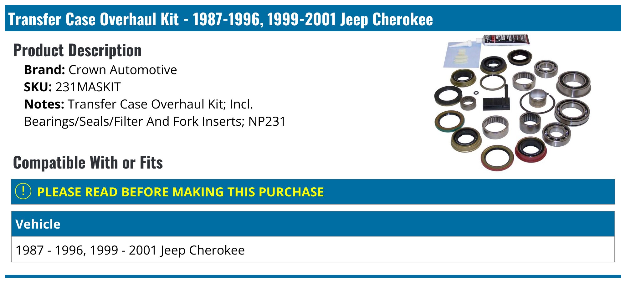 1987-1996, 1999-2001 Jeep Cherokee Transfer Case Overhaul Kit - Crown ...