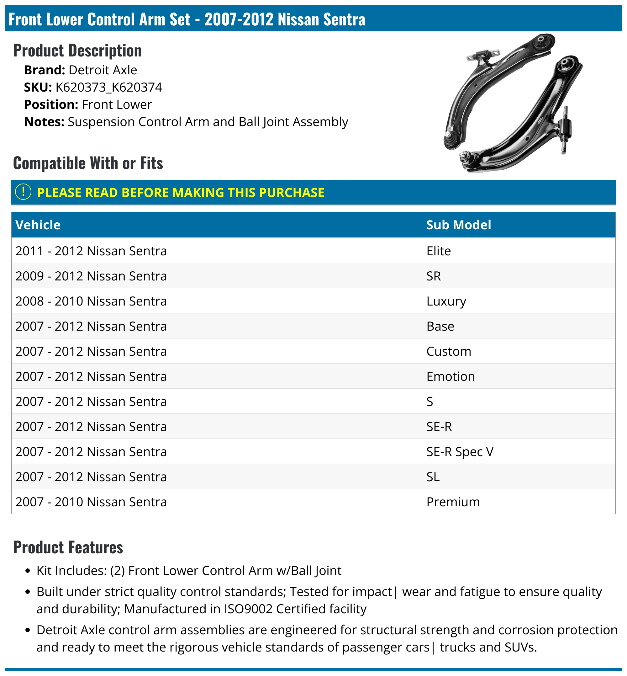 2007-2012 Nissan Sentra Control Arm - Detroit Axle K620373_K620374 ...