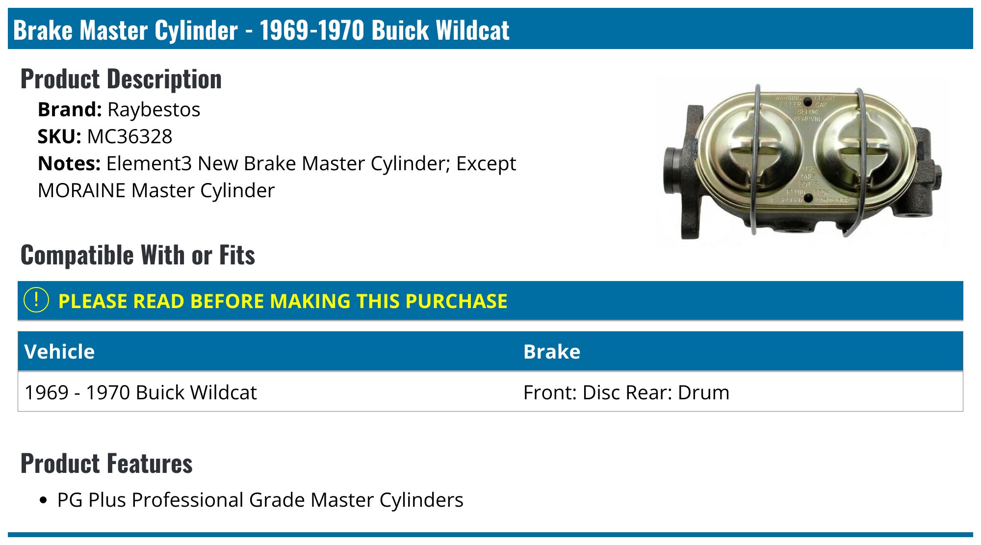 1969-1970 Buick Wildcat Brake Master Cylinder - Raybestos MC36328 ...