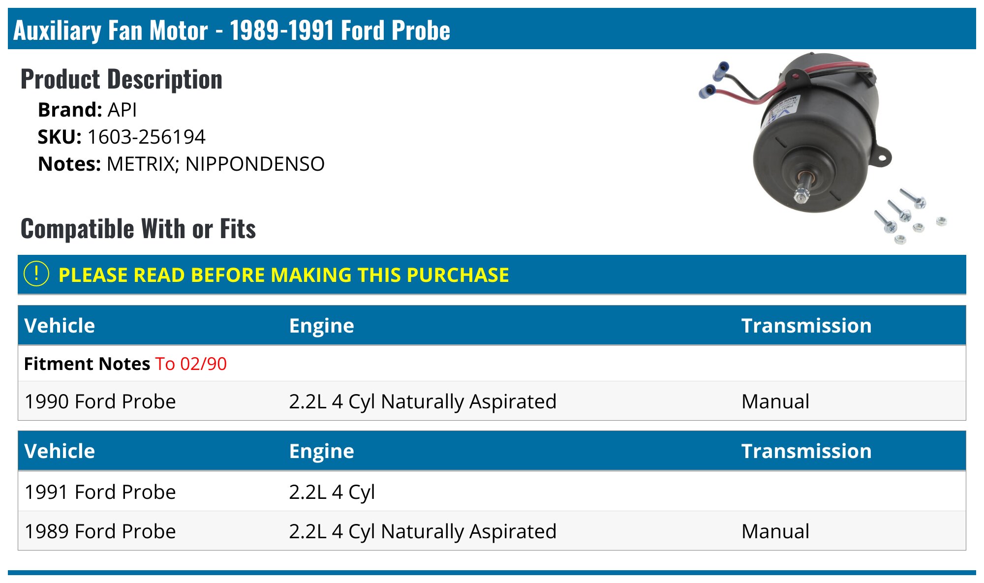 1989-1991 Ford Probe Radiator Fan Assembly - API 5501-07587777 ...