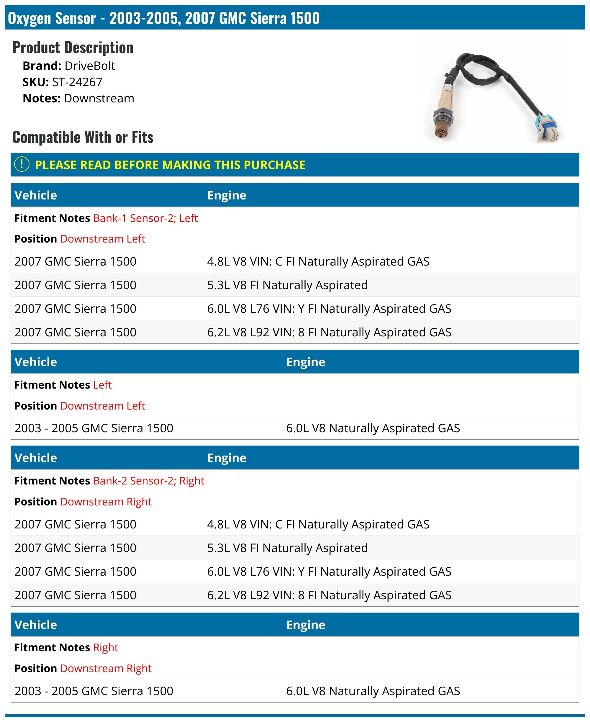 2003-2005, 2007 GMC Sierra 1500 Oxygen Sensor - DriveBolt ST-24267 ...