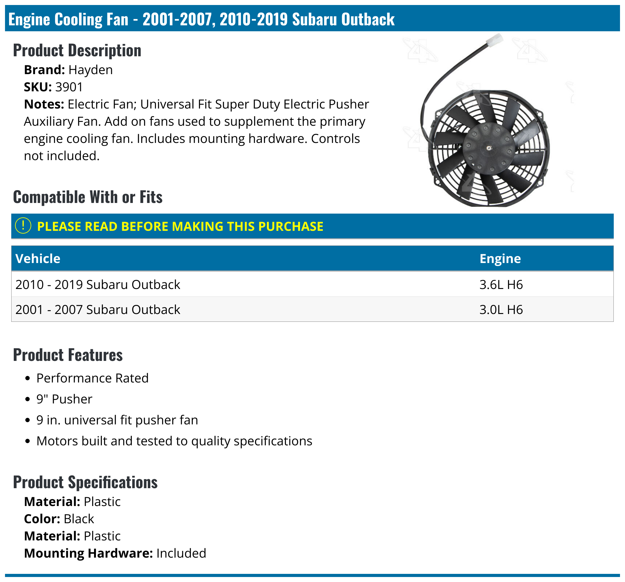 2001-2007, 2010-2019 Subaru Outback Radiator Fan Assembly - Hayden 3901 ...