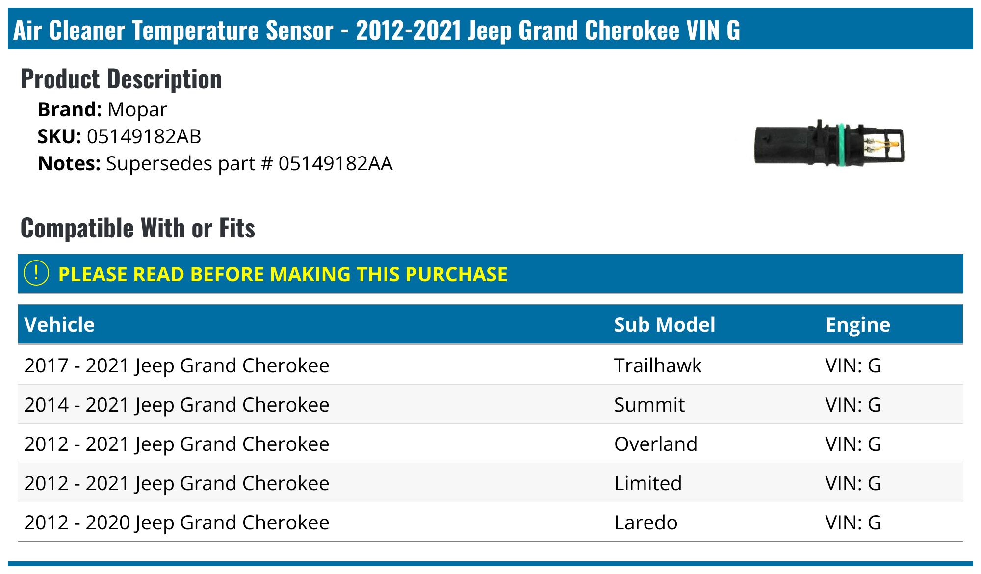 2012-2021 Jeep Grand Cherokee Air Cleaner Temperature Sensor - Mopar ...