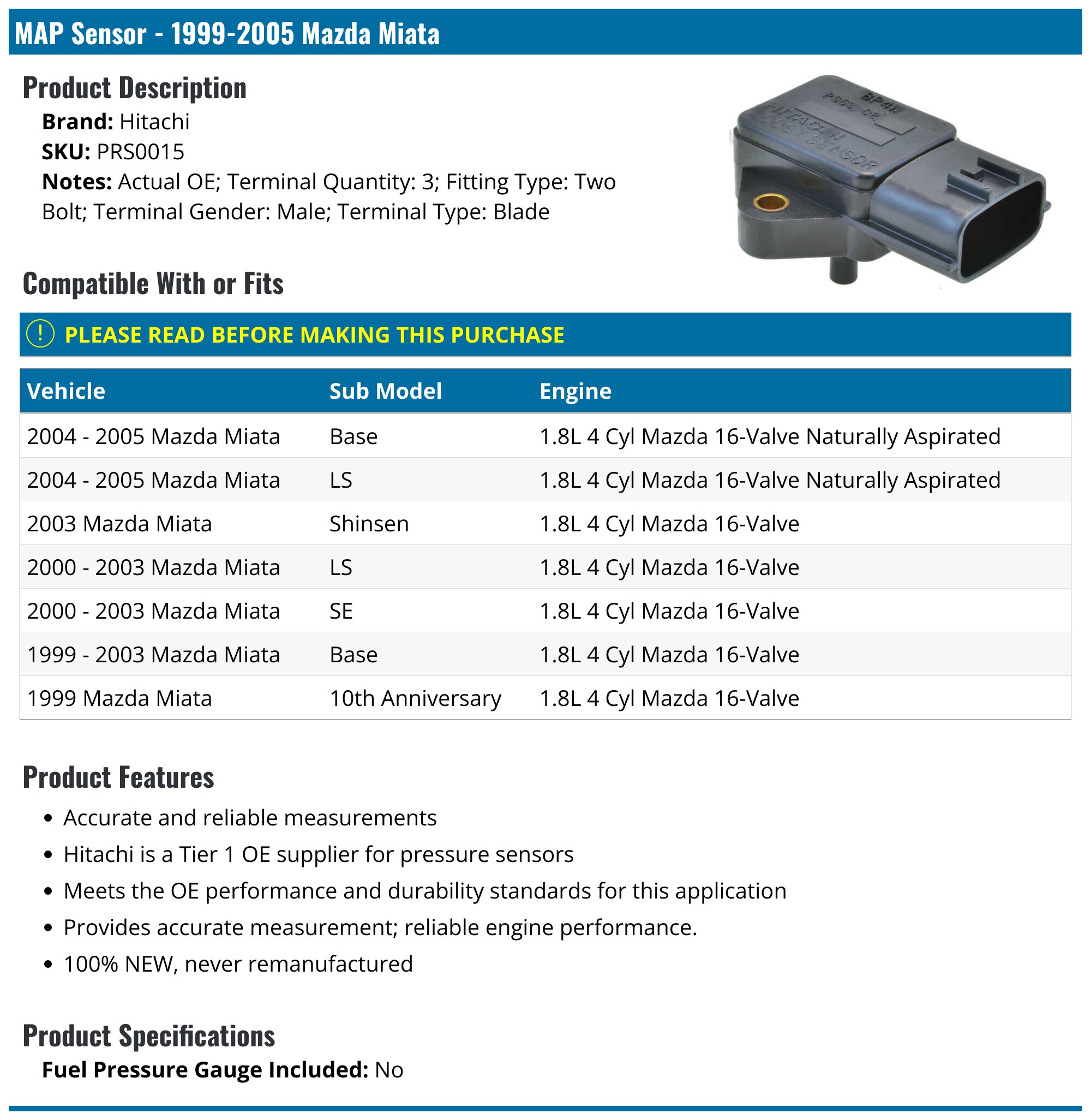1999-2005 Mazda Miata MAP Sensor - Hitachi PRS0015 - PartsGeek.com