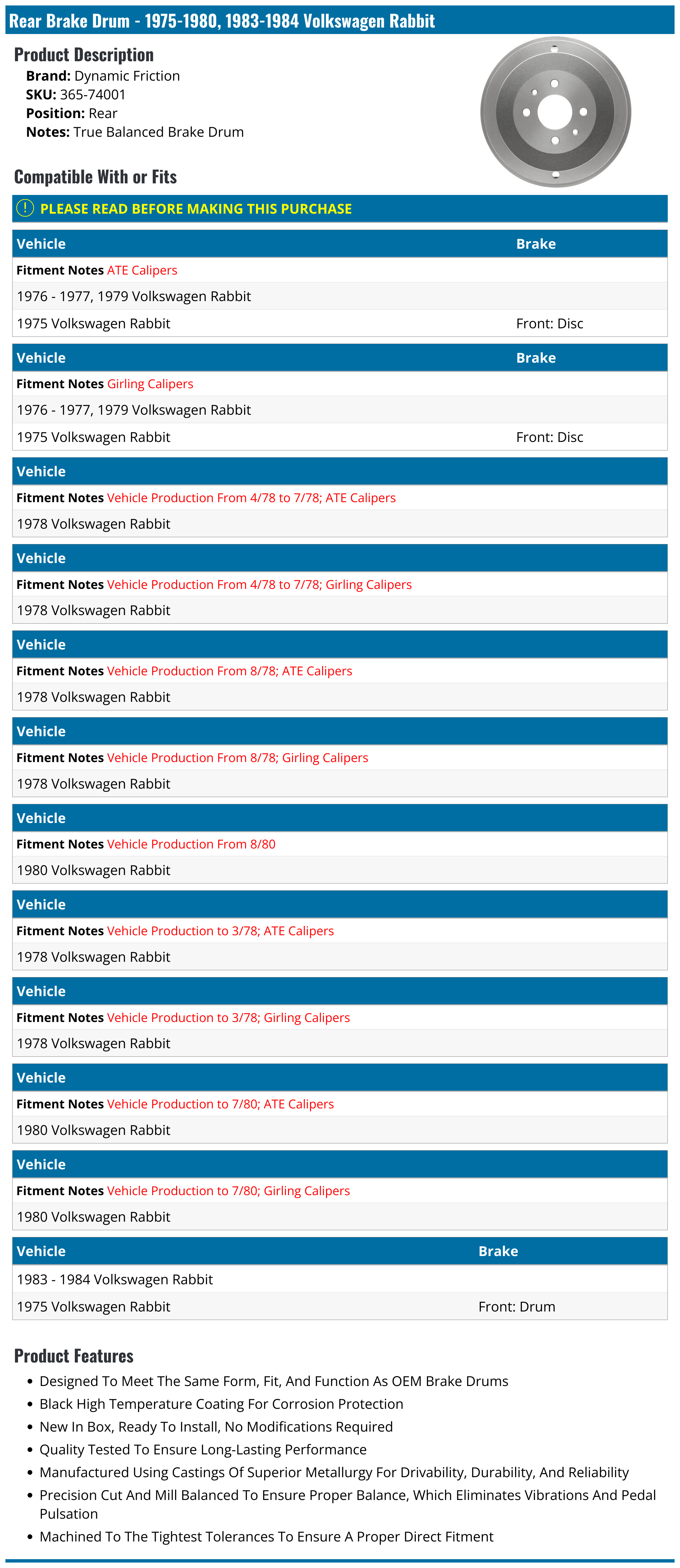 1975-1980, 1983-1984 Volkswagen Rabbit Brake Drum - Dynamic Friction ...