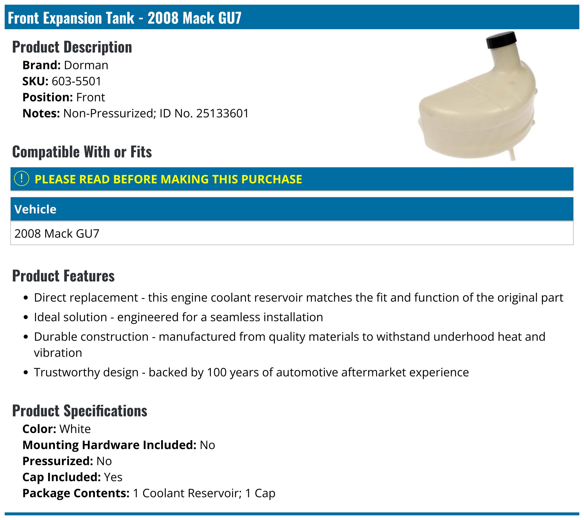 2008 Mack GU7 Expansion Tank - Dorman 603-5501 - Front - PartsGeek.com
