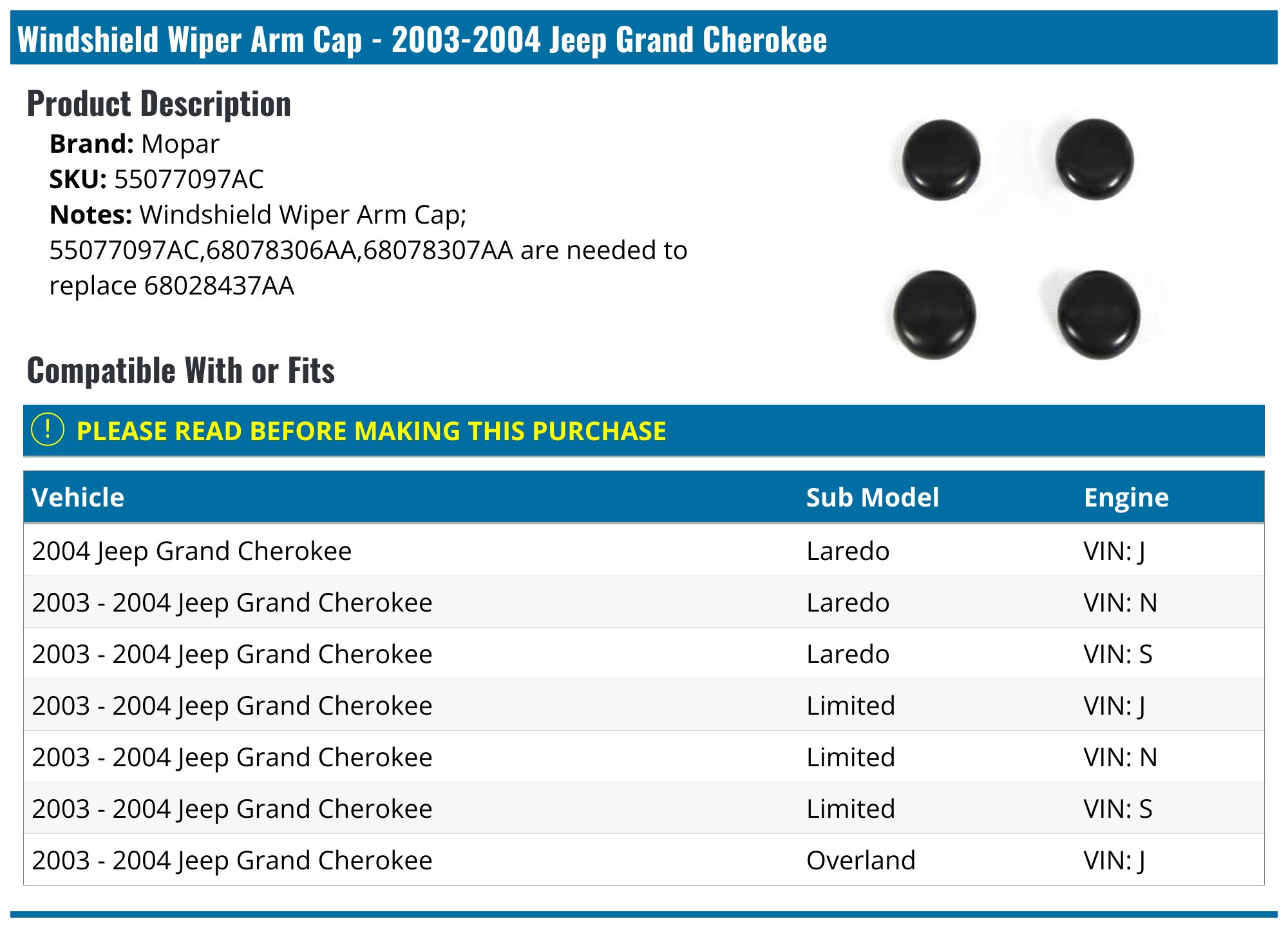 2003-2004 Jeep Grand Cherokee Windshield Wiper Arm Cap - Mopar ...