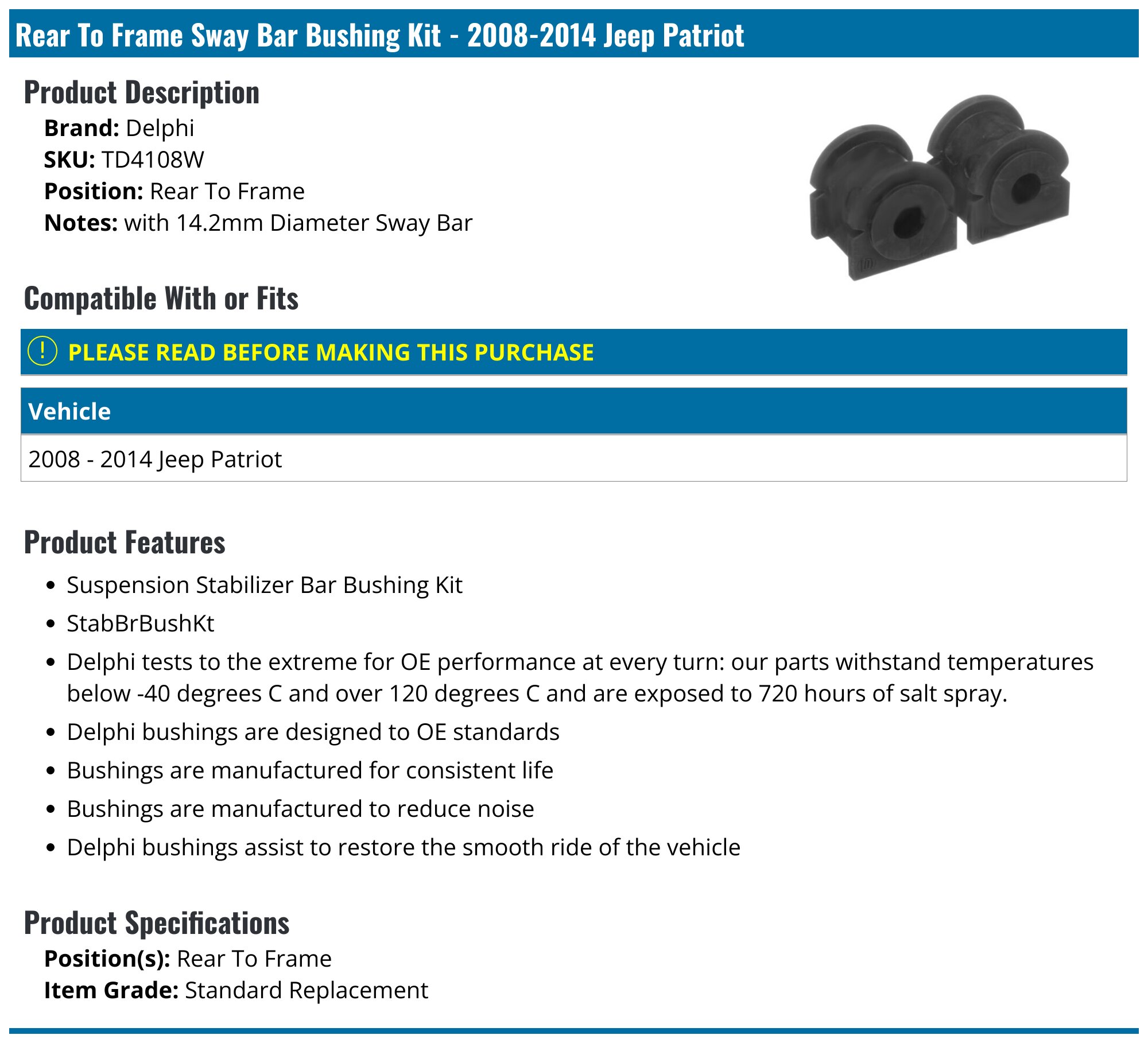 2008-2014 Jeep Patriot Sway Bar Bushing - Delphi TD4108W - Rear To ...