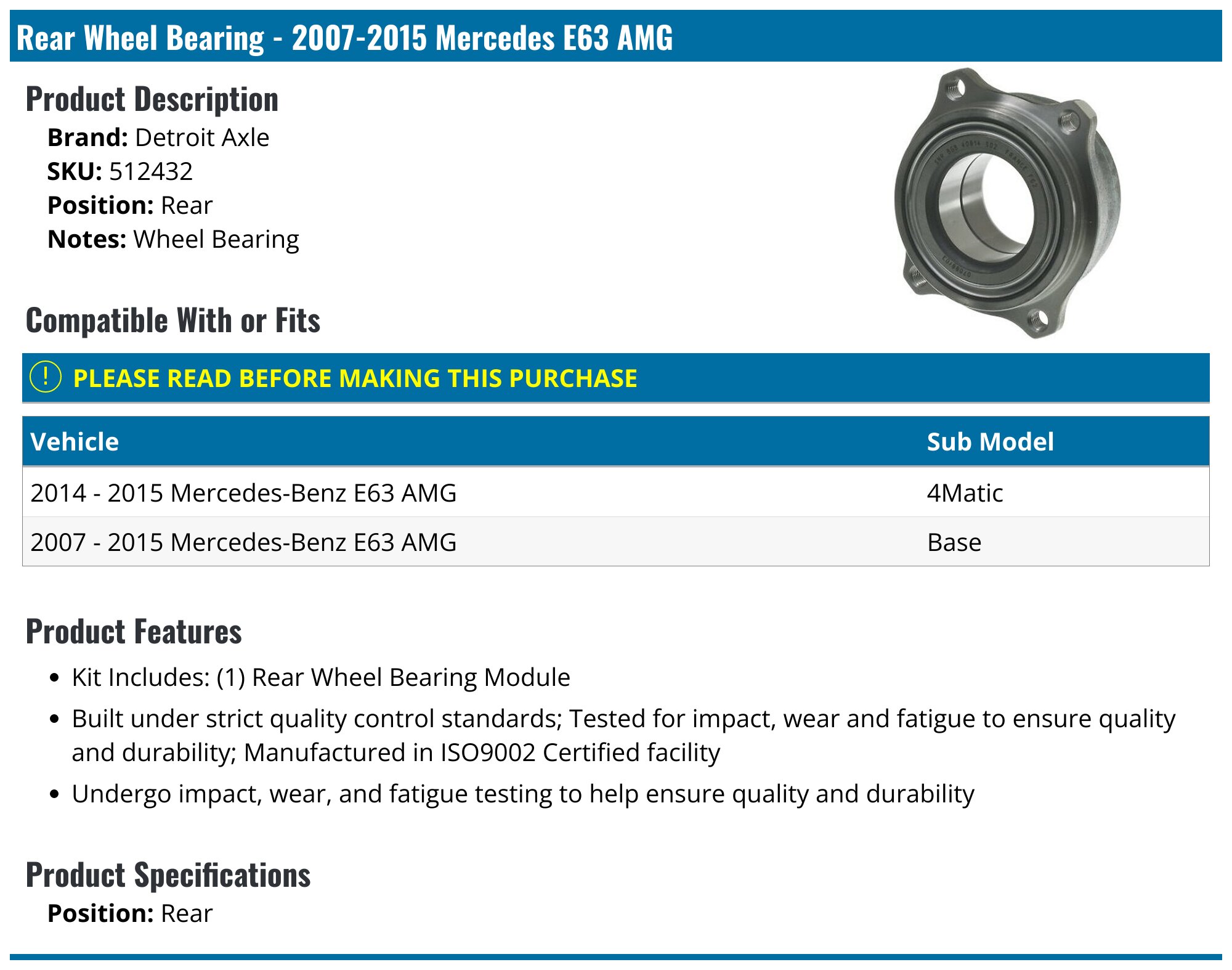 2007-2015 Mercedes E63 AMG Wheel Bearing - Detroit Axle 512432 - Rear ...