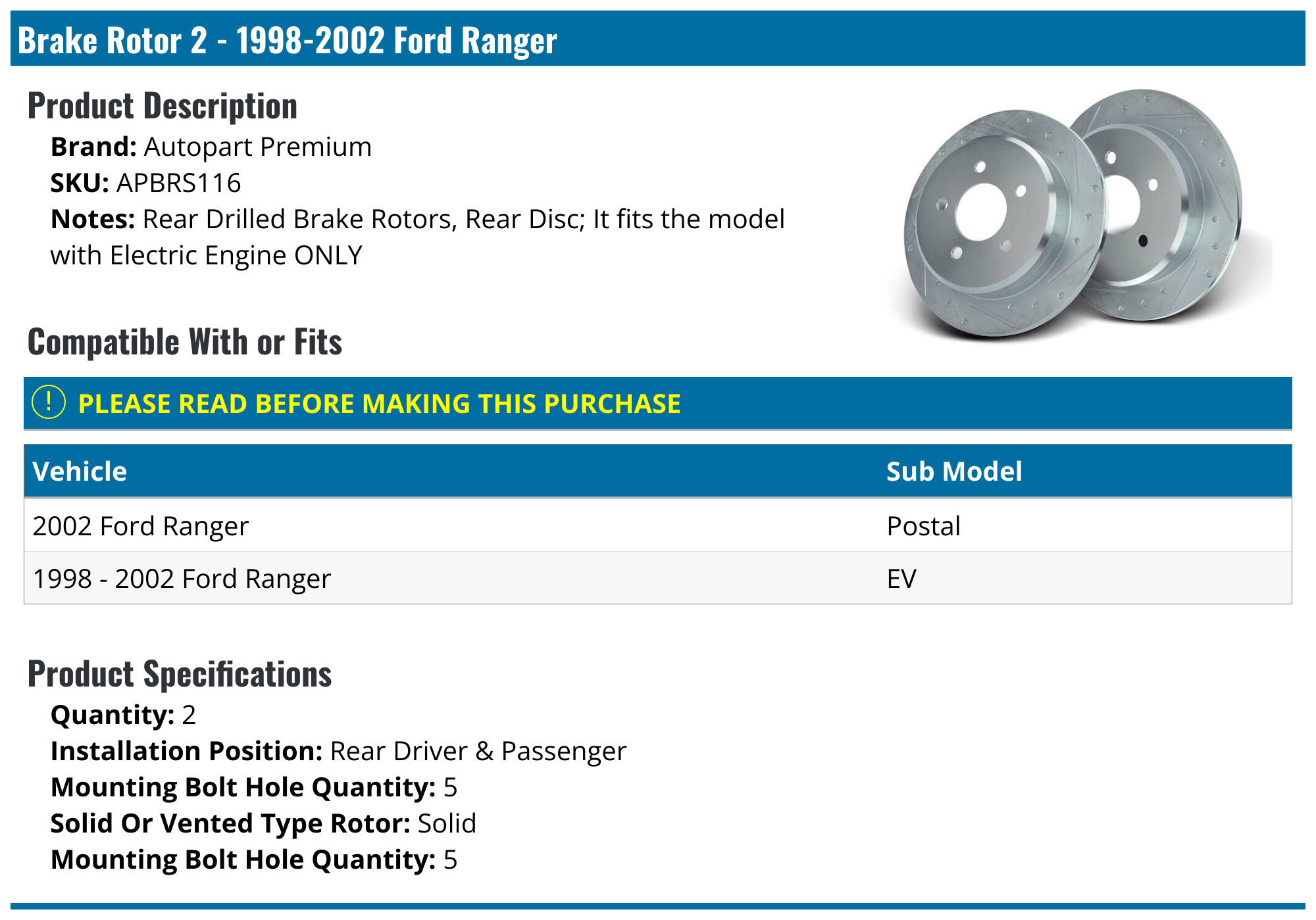 1998-2002 Ford Ranger Brake Rotor - Autopart Premium APBRS116 ...