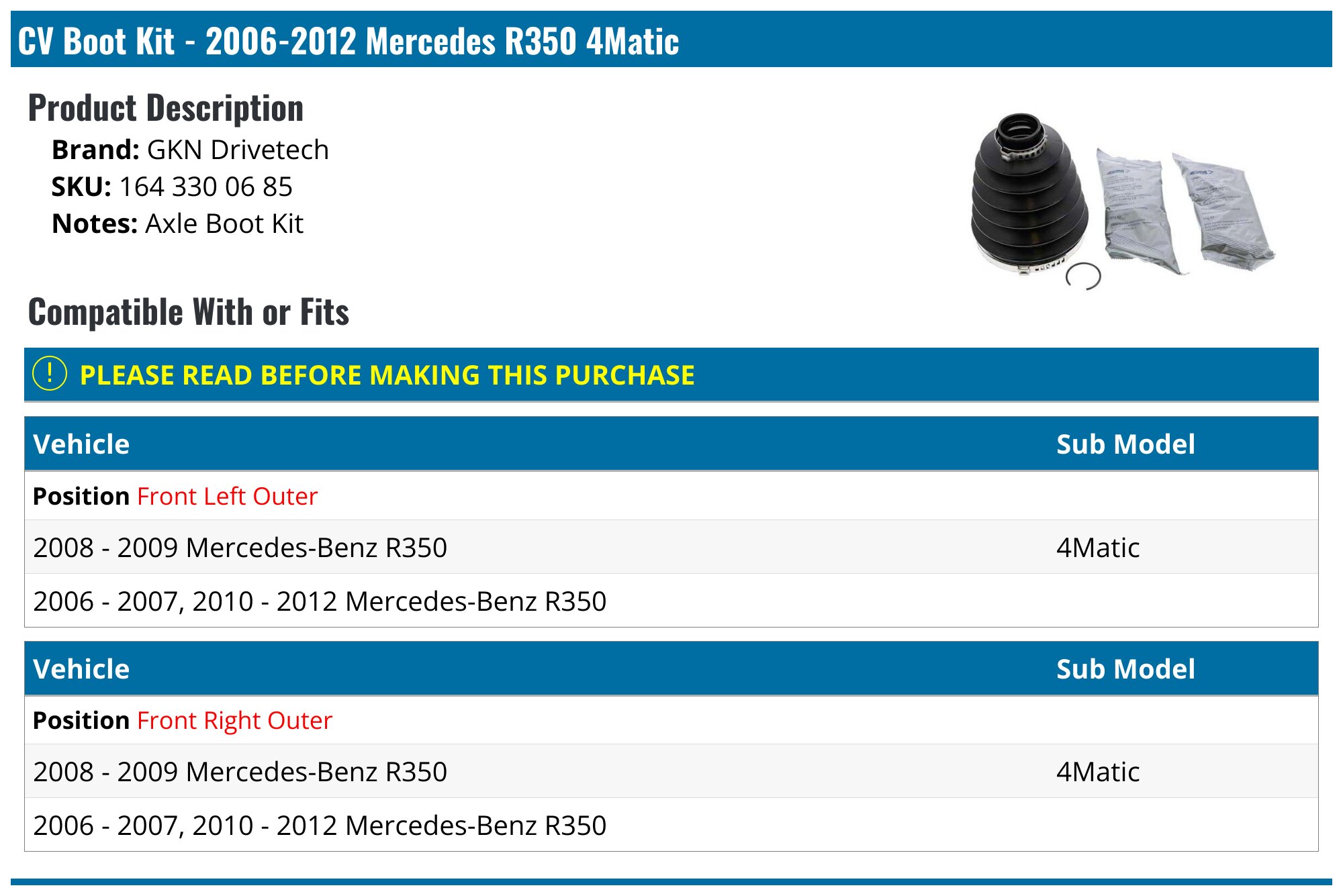 2006-2012 Mercedes R350 CV Boot - GKN Drivetech 164 330 06 85 - Front ...