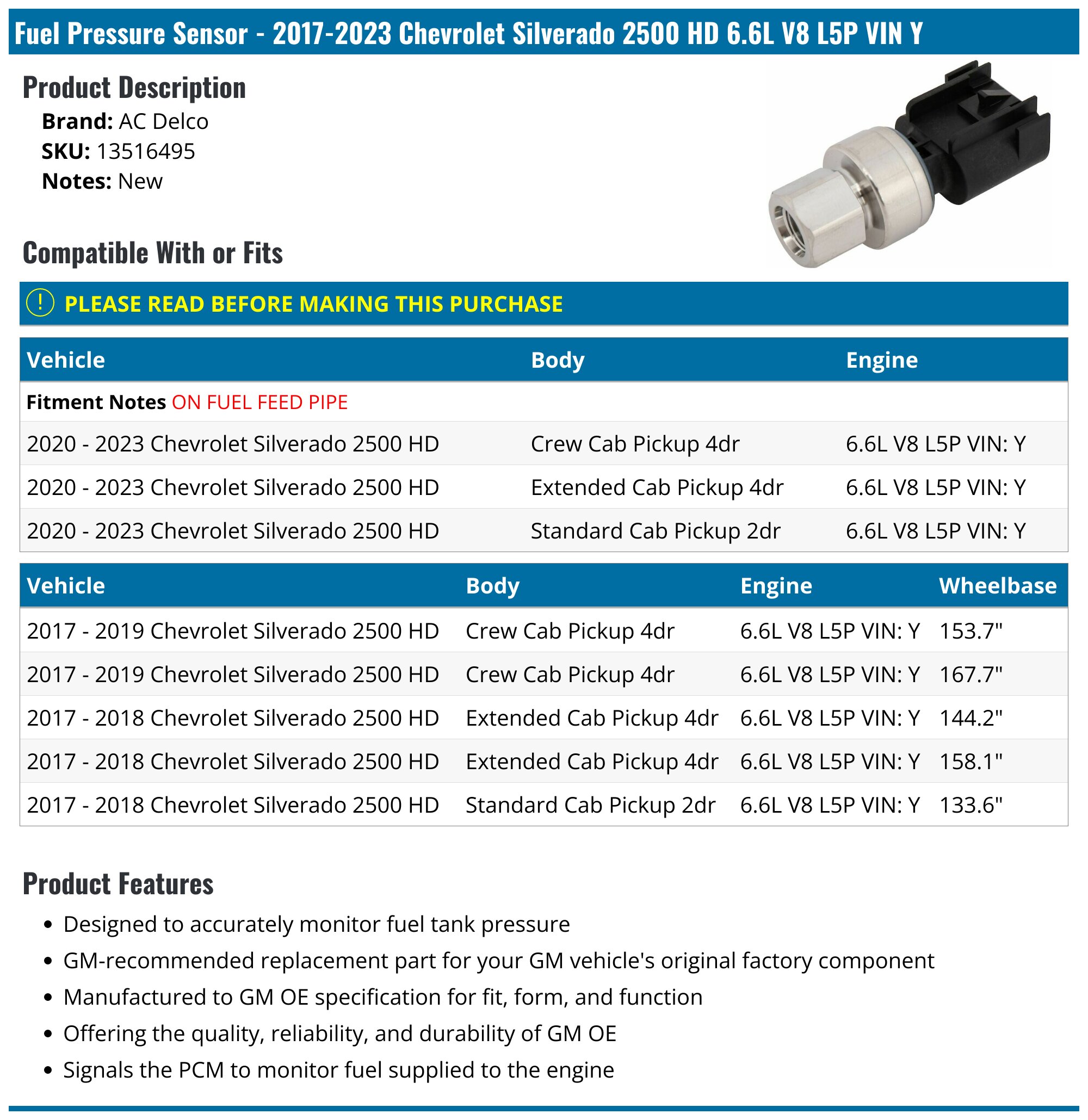 2017-2025 Chevrolet Silverado 2500 HD Fuel Pressure Sensor - AC Delco ...