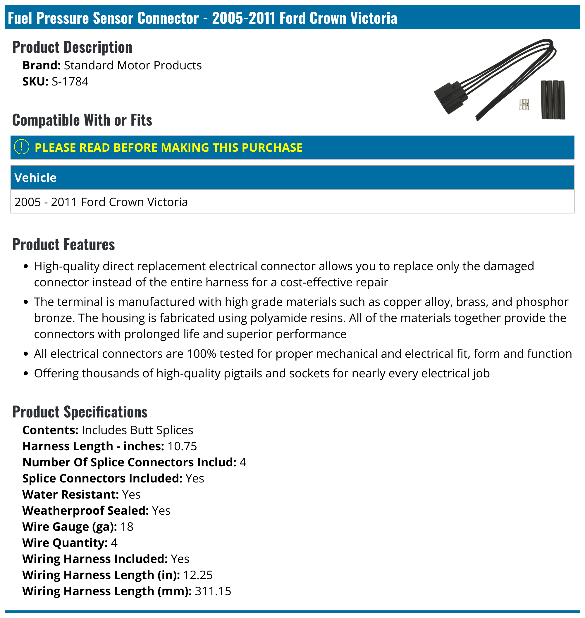 2005-2011 Ford Crown Victoria Fuel Pressure Sensor Connector - Standard ...