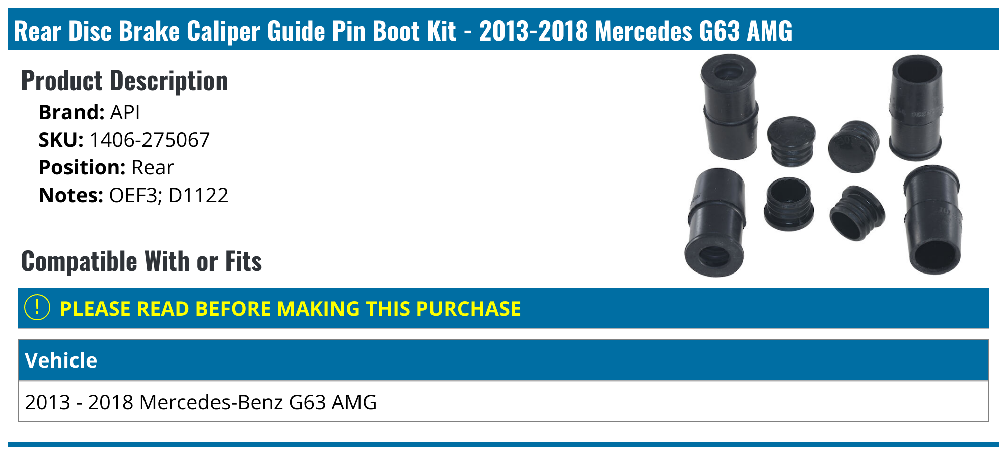 2013-2018 Mercedes G63 AMG Disc Brake Caliper Guide Pin Boot Kit - API ...