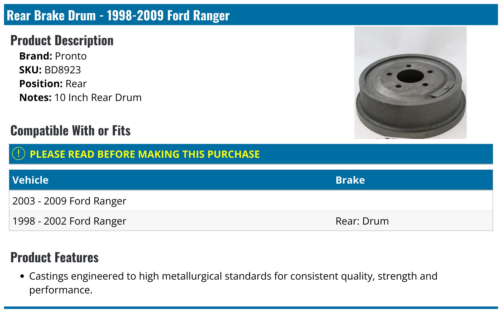 1998-2009 Ford Ranger Brake Drum - Pronto BD8923 - Rear - PartsGeek.com