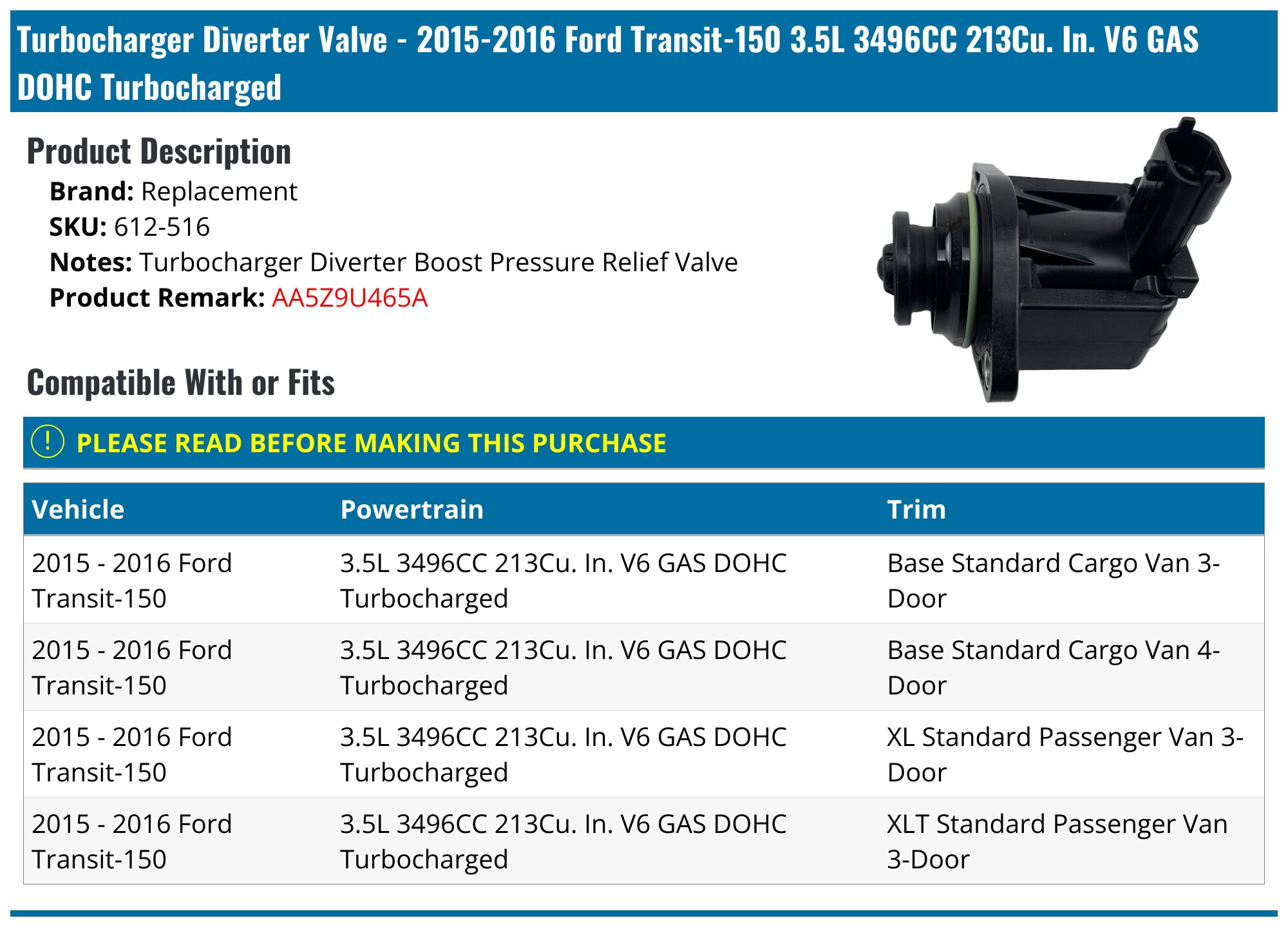 2015-2016 Ford Transit-150 Turbocharger Diverter Valve - Replacement ...