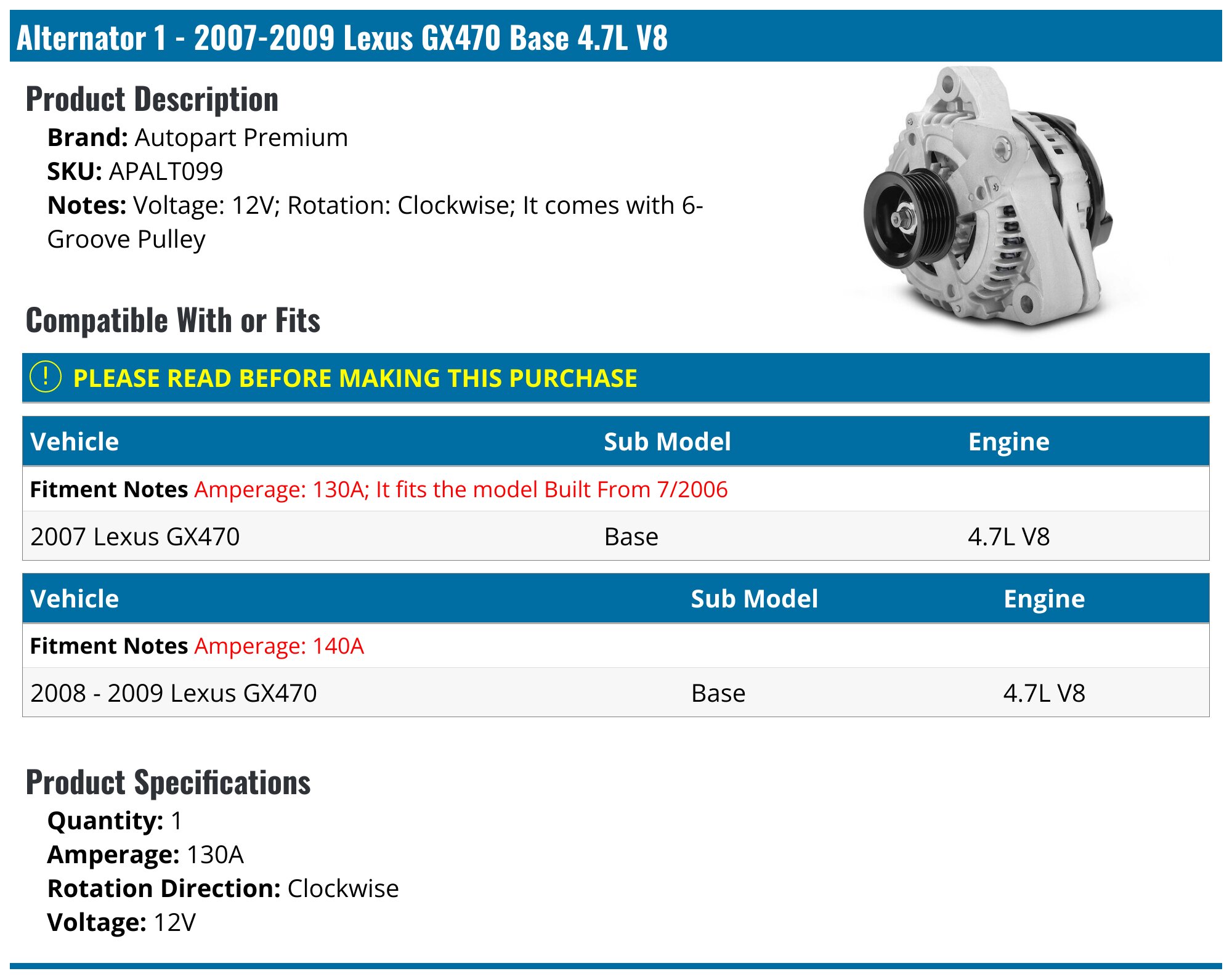 2007-2009 Lexus GX470 Alternator - Autopart Premium APALT099 ...