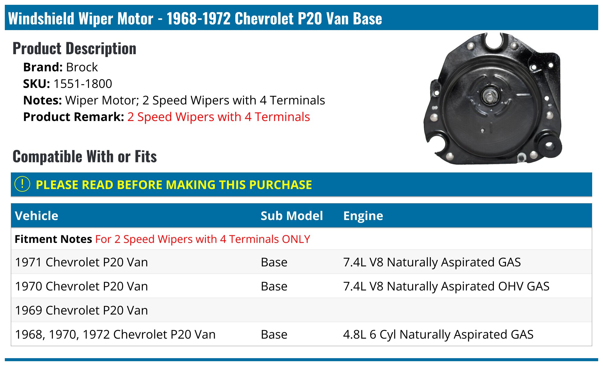 1968-1972 Chevrolet P20 Van Windshield Wiper Motor - Brock 1551-1800 ...