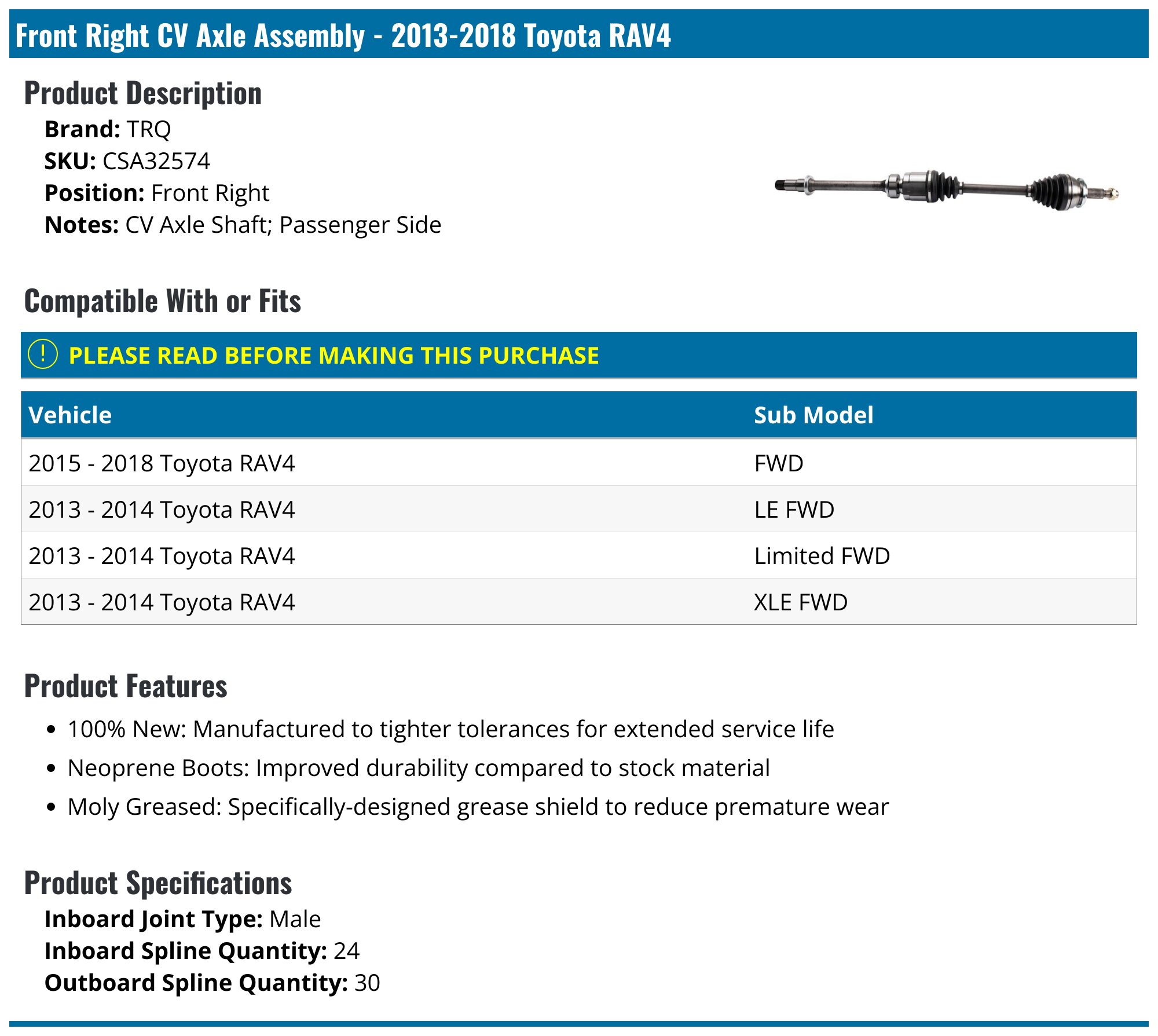 2013-2018 Toyota RAV4 Axle Assembly - TRQ CSA32574 - Front Right ...