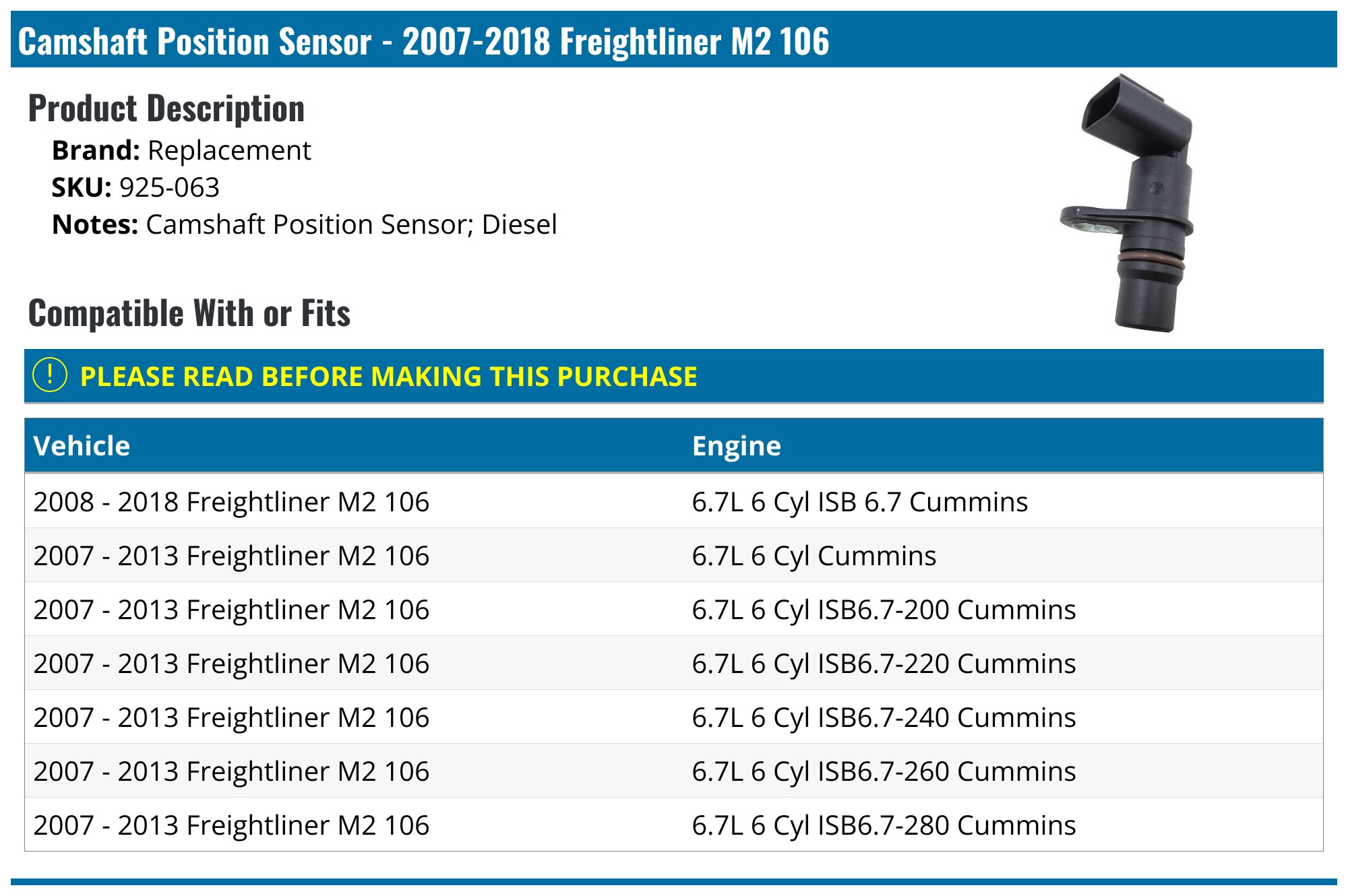 2007-2018 Freightliner M2 106 Camshaft Position Sensor - Replacement ...