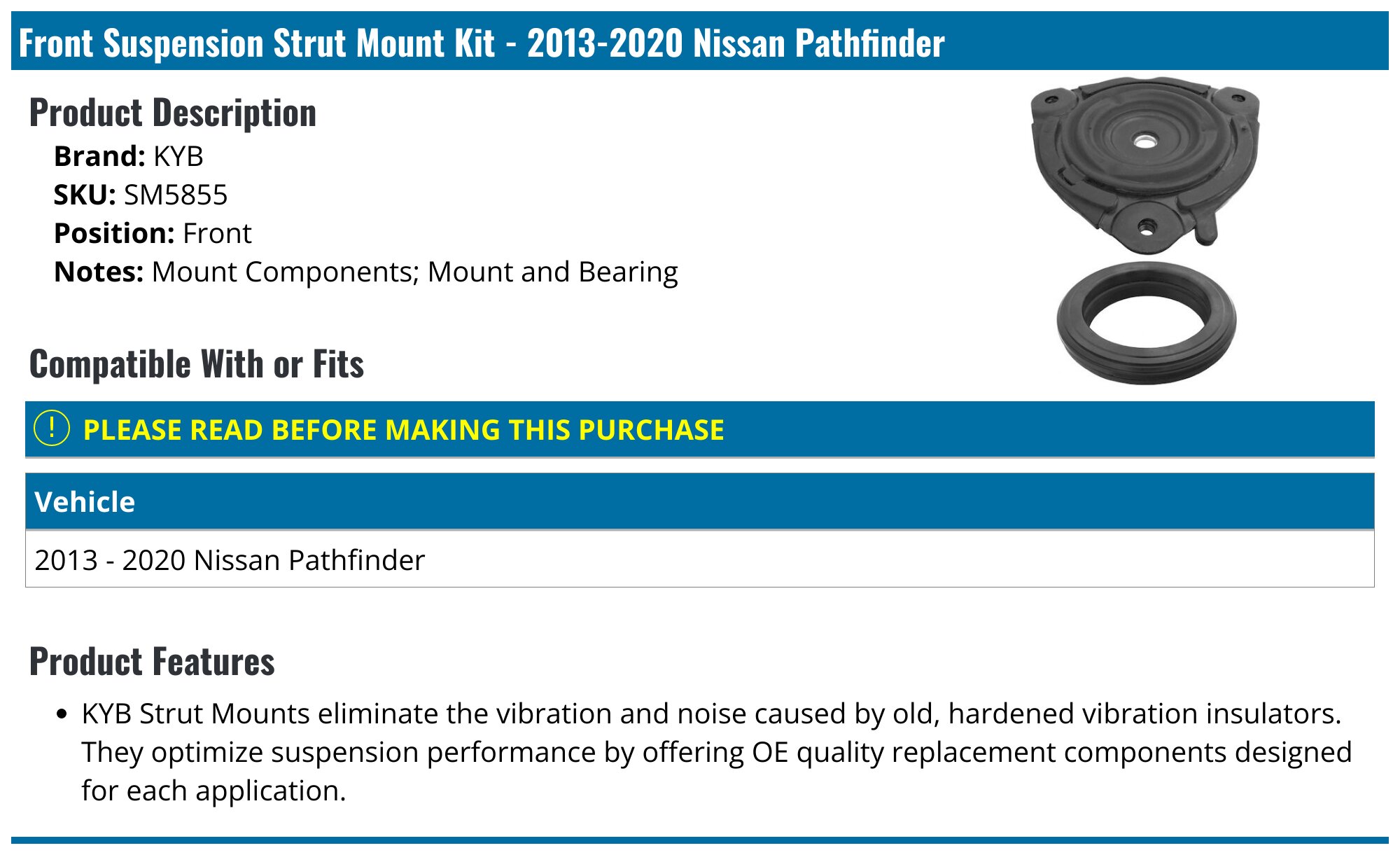 2013-2020 Nissan Pathfinder Strut Mount - KYB SM5855 - Front ...