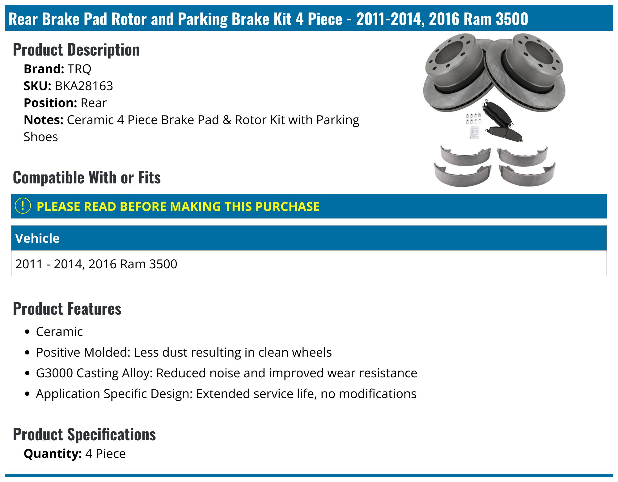 2011-2018 Ram 3500 Brake Rotor - TRQ BKA28163 - Rear - PartsGeek.com