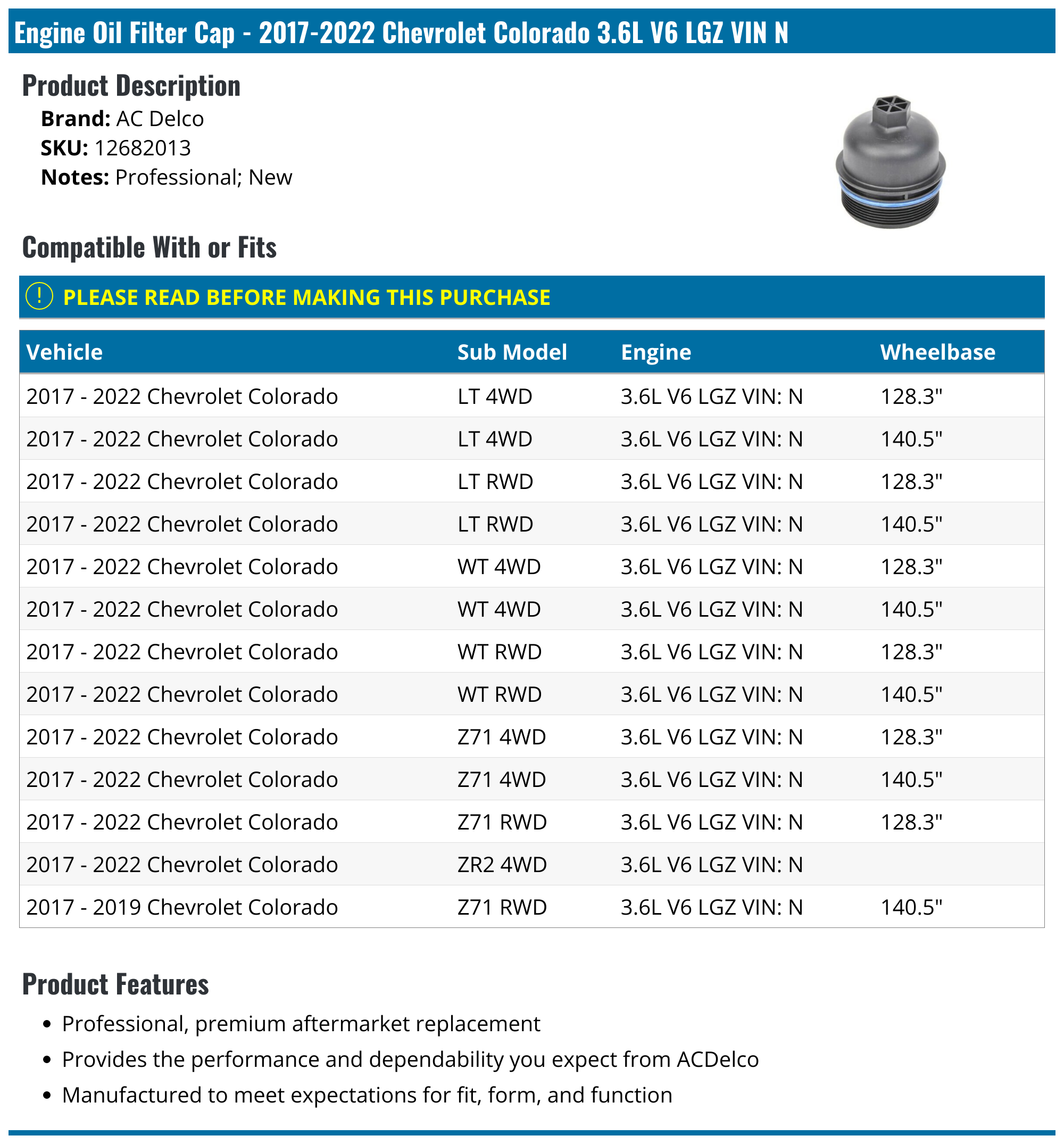 2017-2022 Chevrolet Colorado Engine Oil Filter Cap - AC Delco 12682013 ...