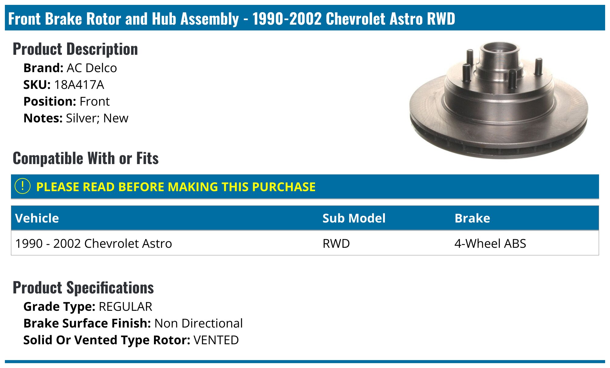 1990-2002 Chevrolet Astro Brake Rotor - AC Delco 18A417A - Front ...