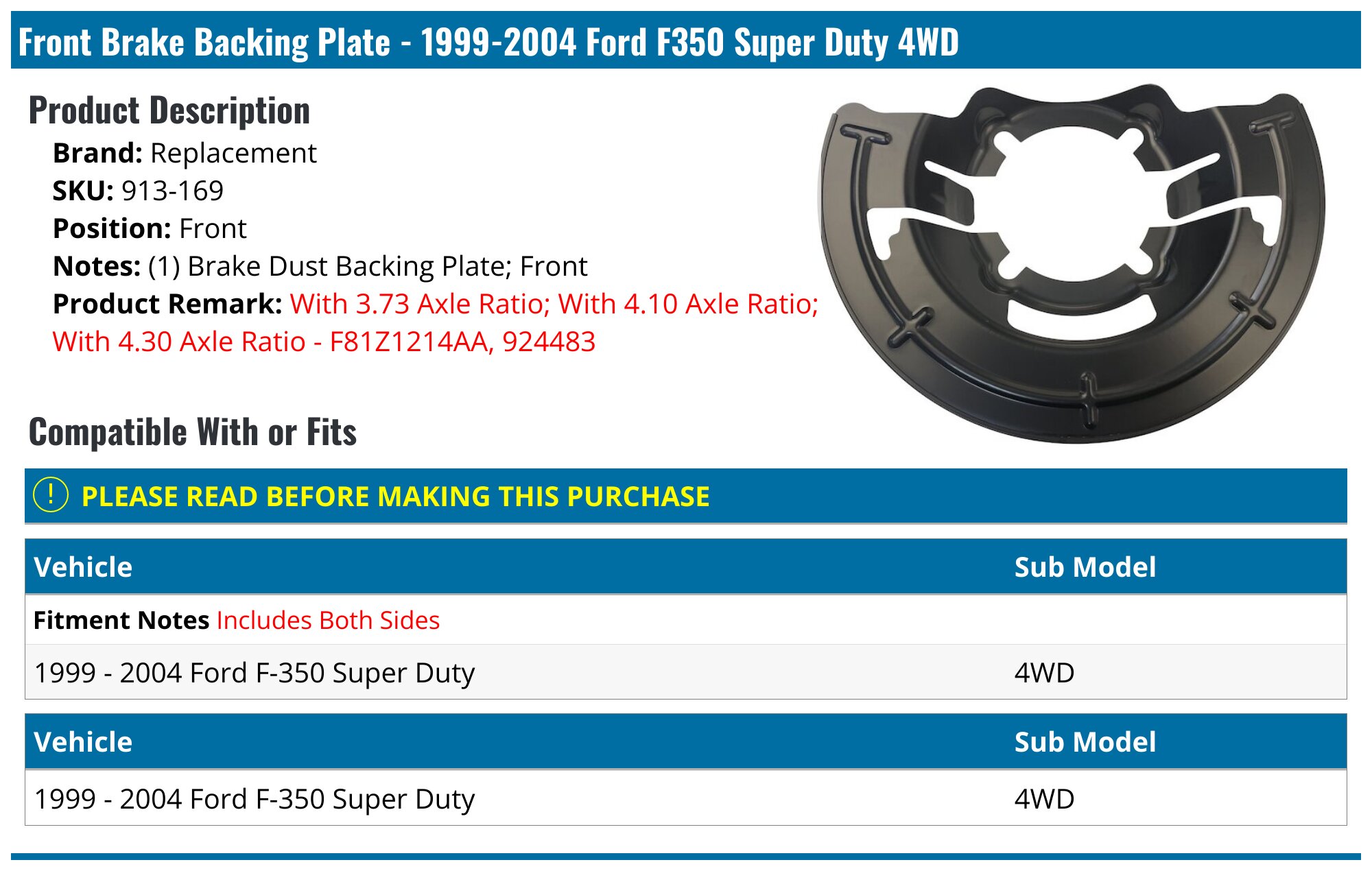 1999-2004 Ford F350 Super Duty Brake Backing Plate - Replacement 913 ...