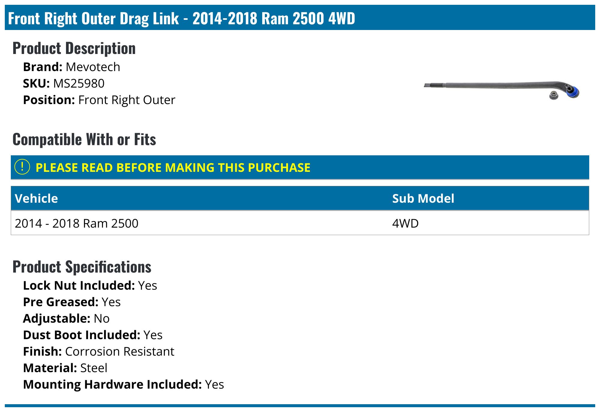 2014-2018 Ram 2500 Drag Link - Mevotech MS25980 - Front Right Outer ...