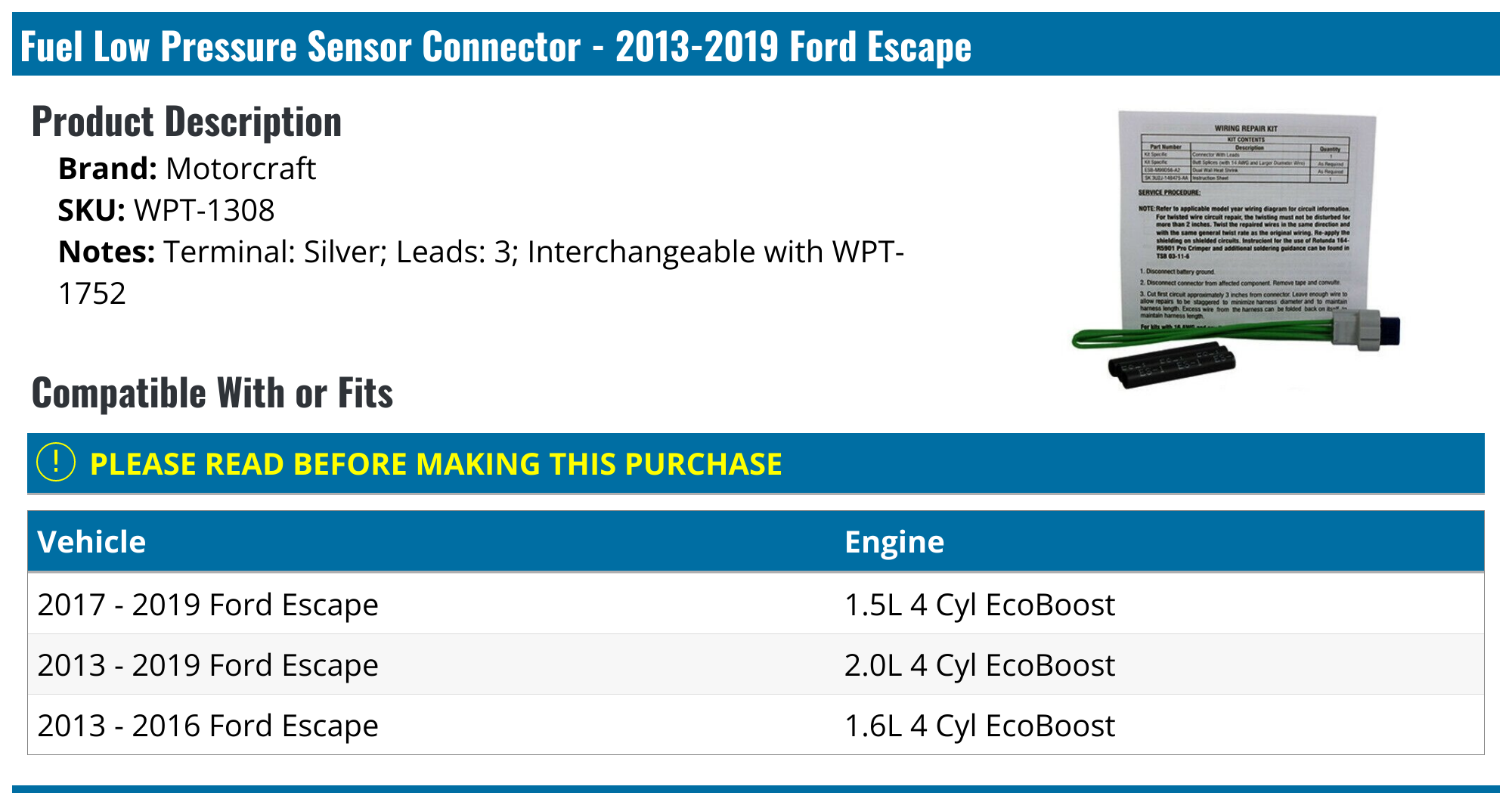2013-2019 Ford Escape Fuel Low Pressure Sensor Connector - Motorcraft ...