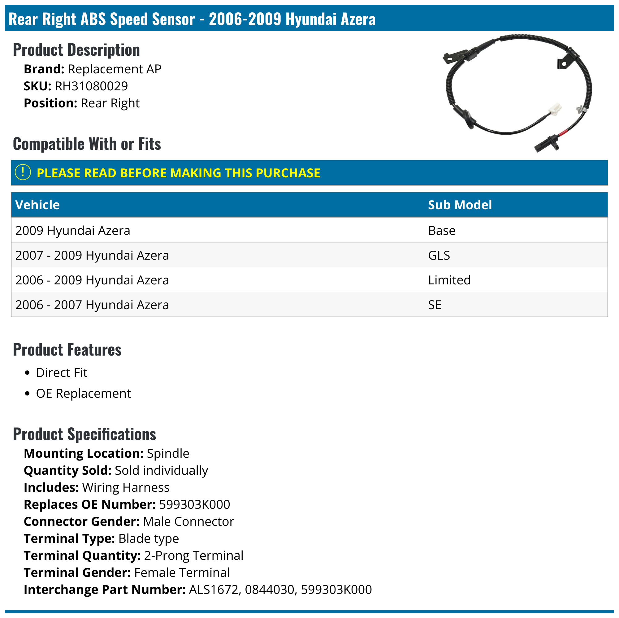 2006-2009 Hyundai Azera ABS Speed Sensor - Replacement AP RH31080029 ...