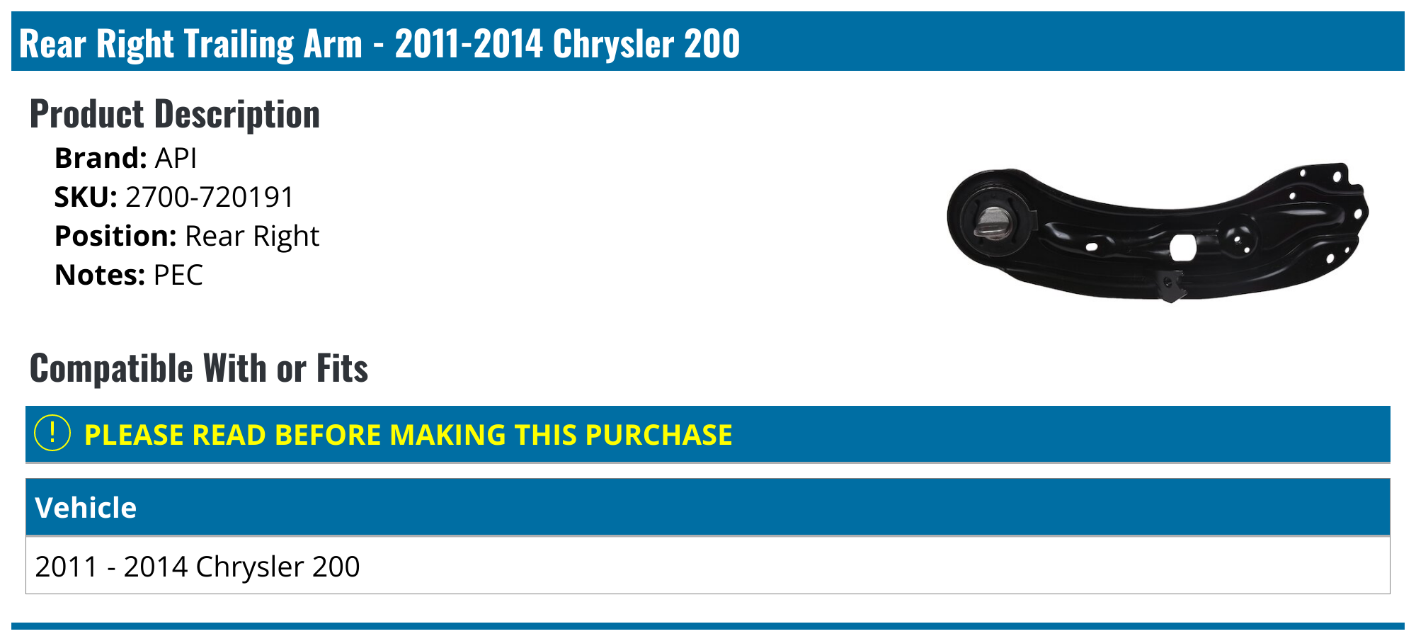 2011-2014 Chrysler 200 Trailing Arm - API 97026-02099422 - Rear Right ...