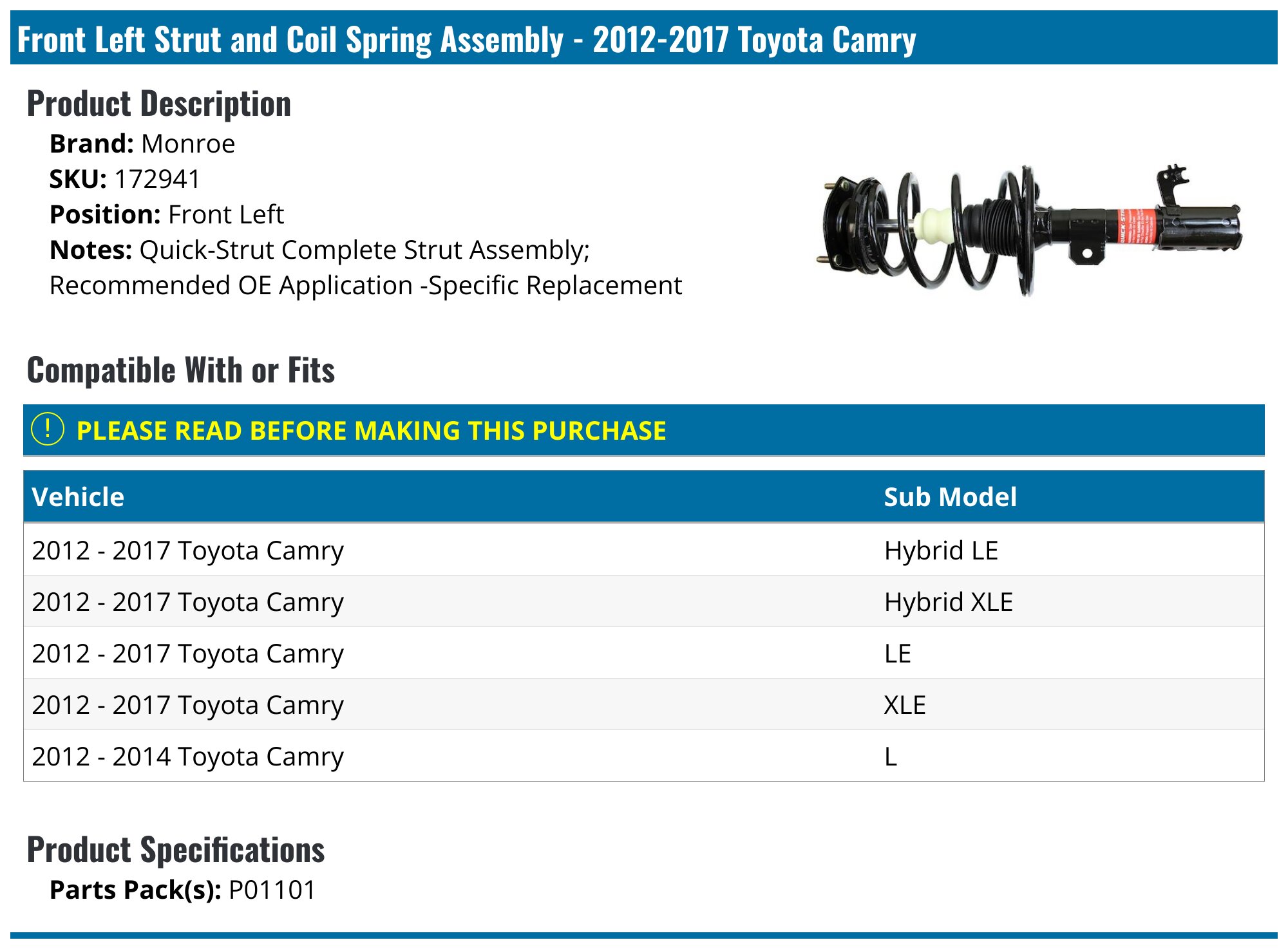 2012-2017 Toyota Camry Strut Assembly - Monroe 172941 - Front Left ...
