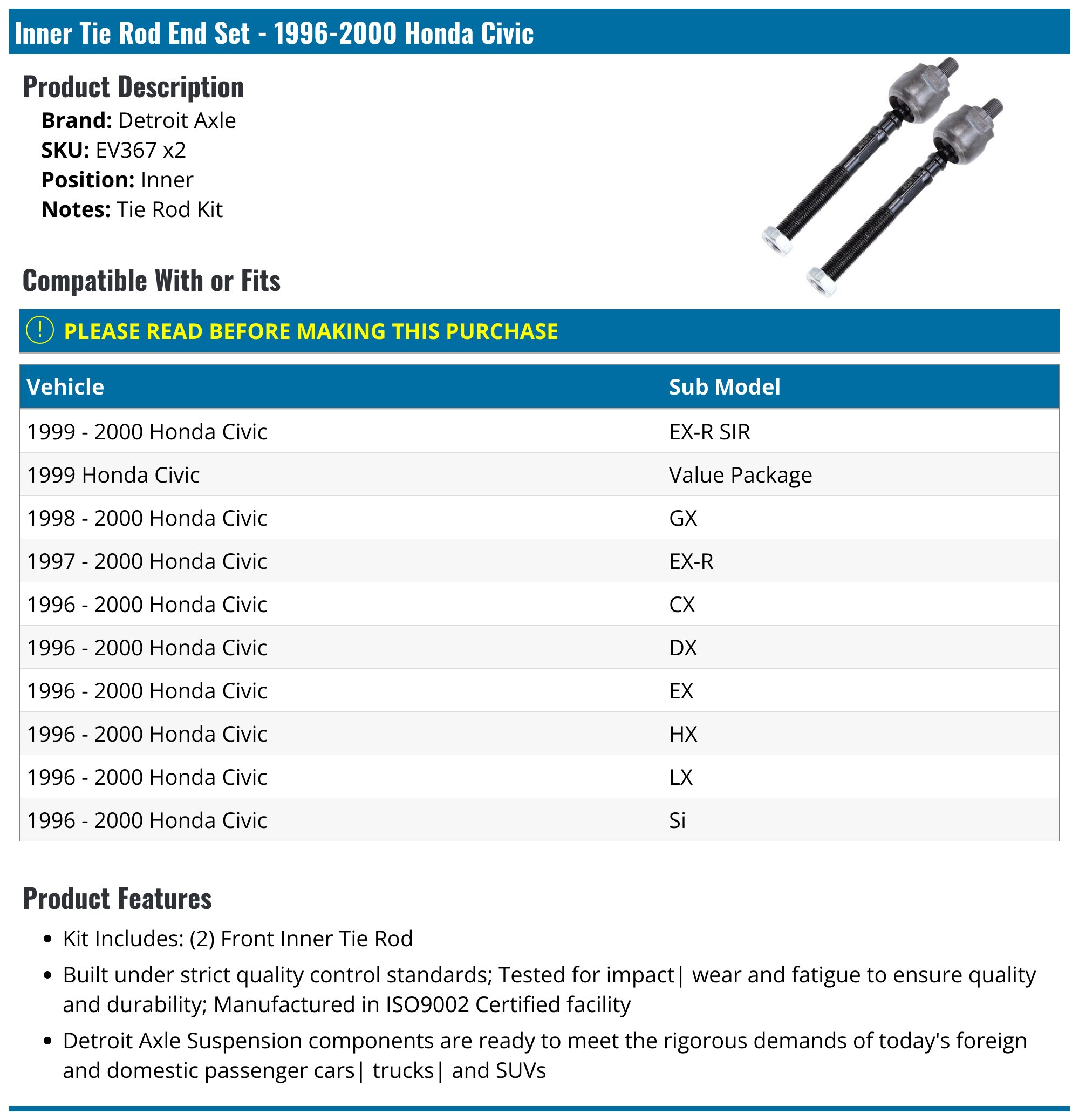 1996-2000 Honda Civic Tie Rod - Detroit Axle EV367 x2 - Inner ...