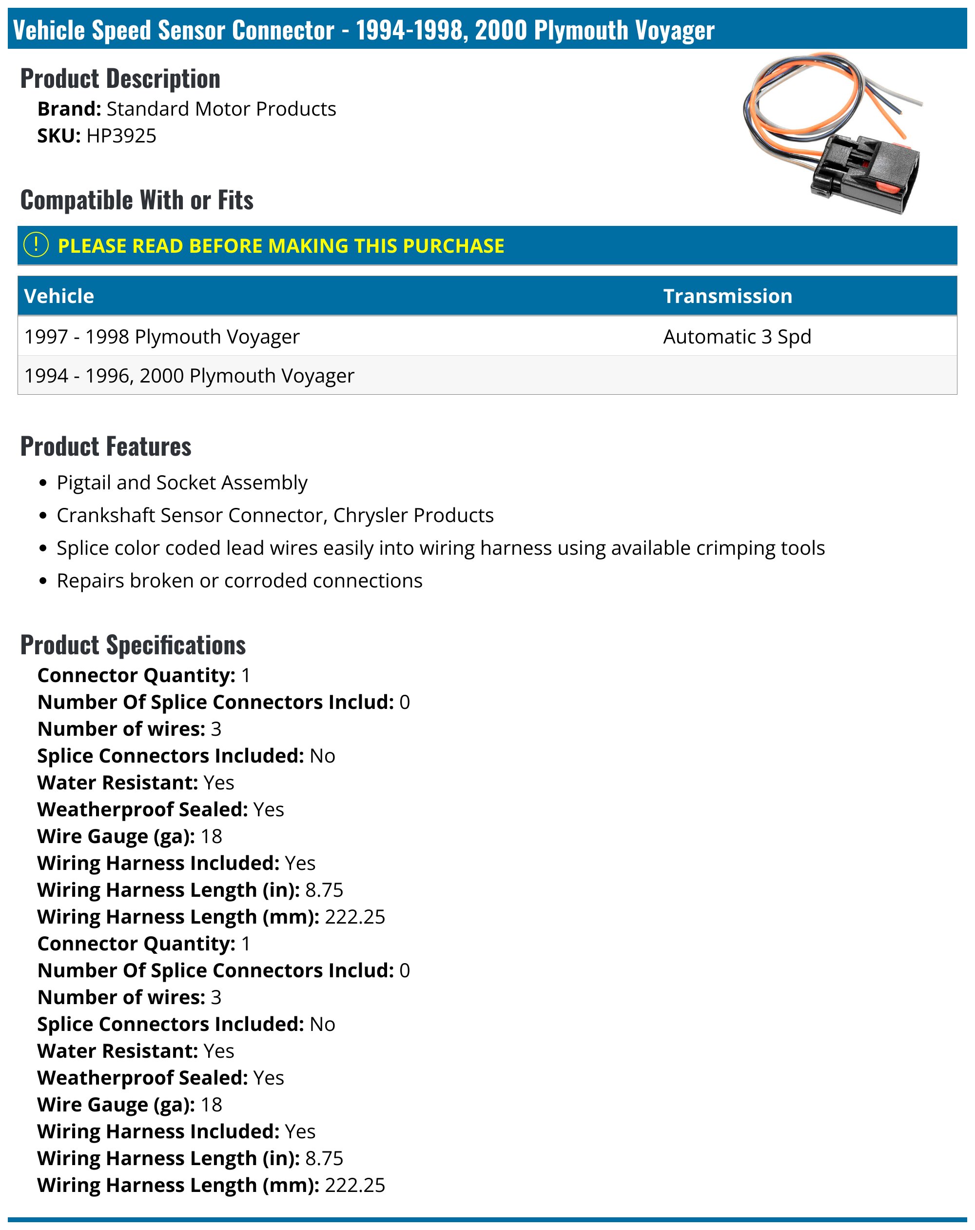 1994-1998, 2000 Plymouth Voyager Vehicle Speed Sensor Connector ...