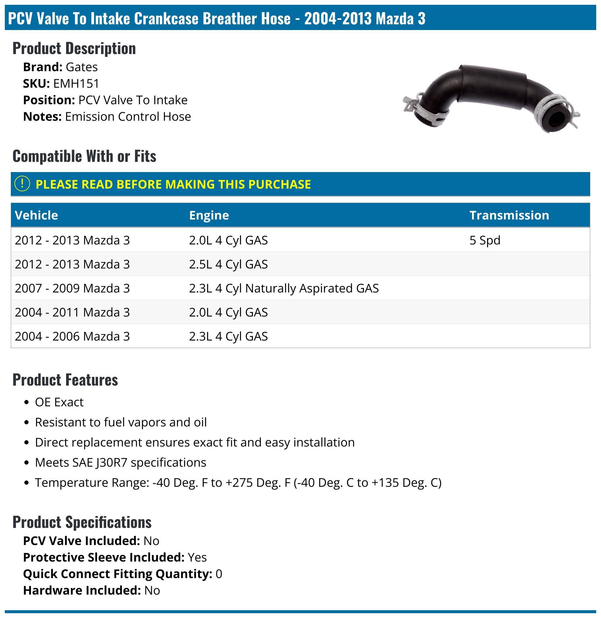 2004-2013 Mazda 3 Breather Hose - Gates EMH151 - PCV Valve To Intake ...
