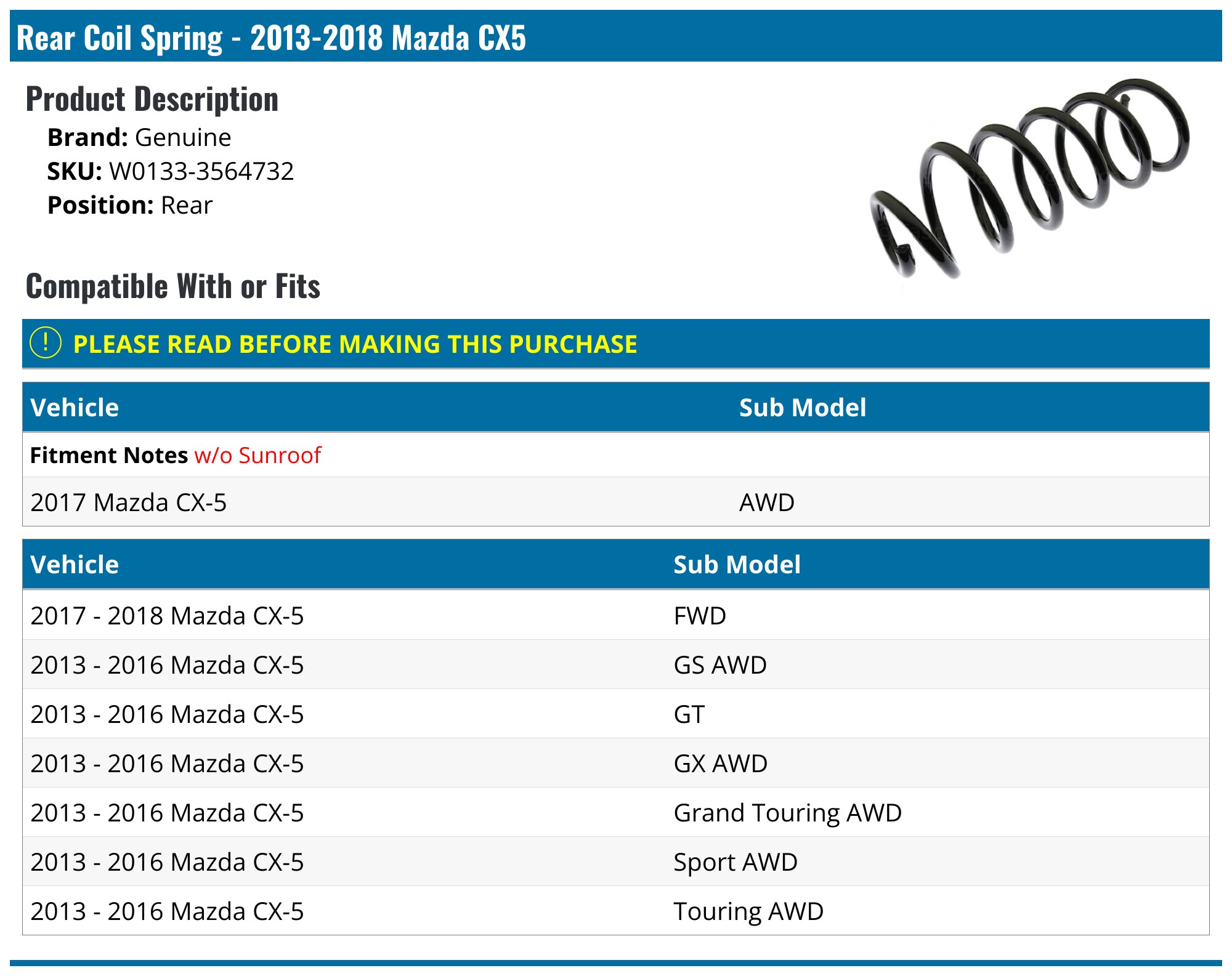 2013-2018 Mazda CX5 Coil Spring - Genuine W0133-3564732 - Rear ...