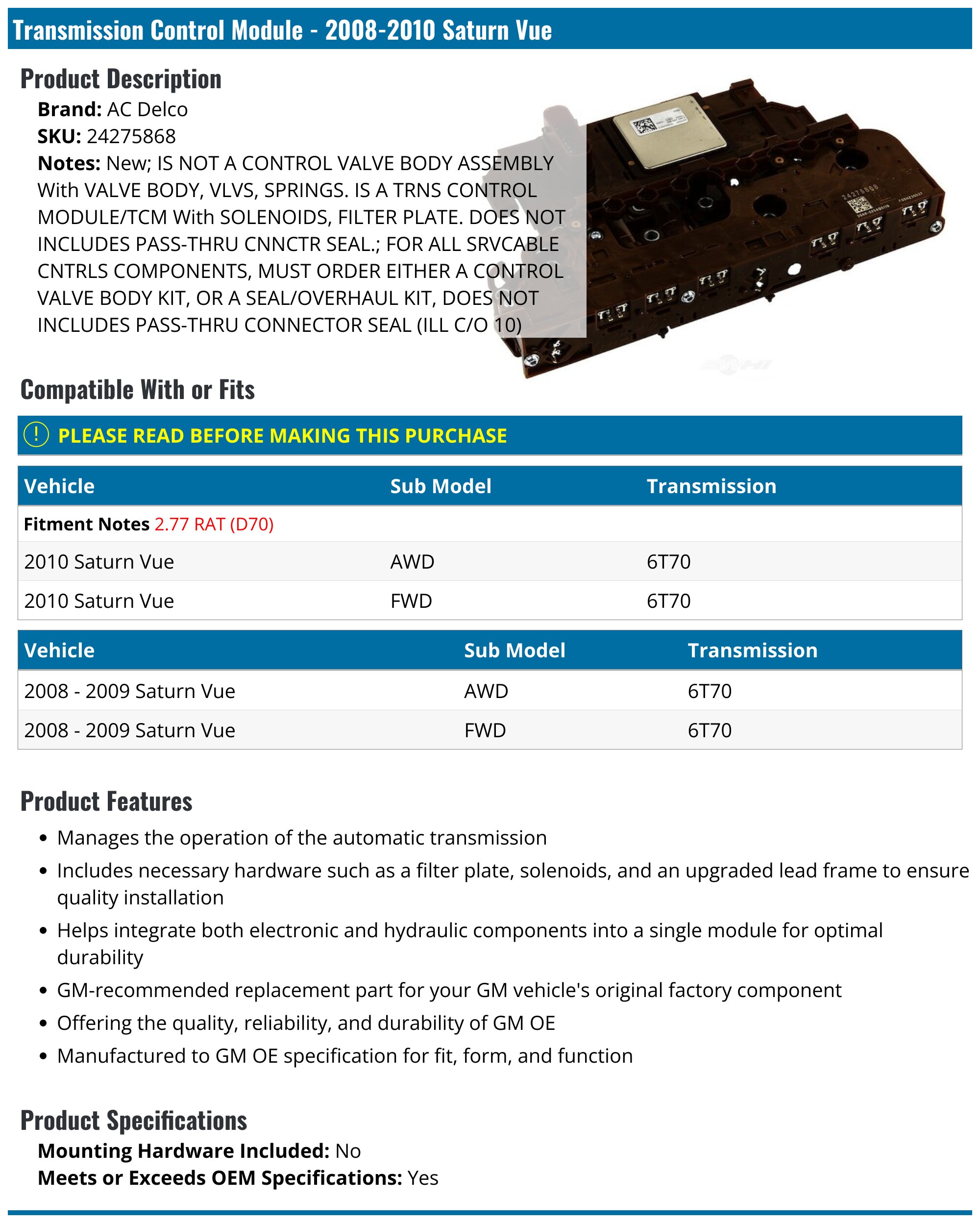 2008-2010 Saturn Vue Transmission Control Module - AC Delco 24275868 ...