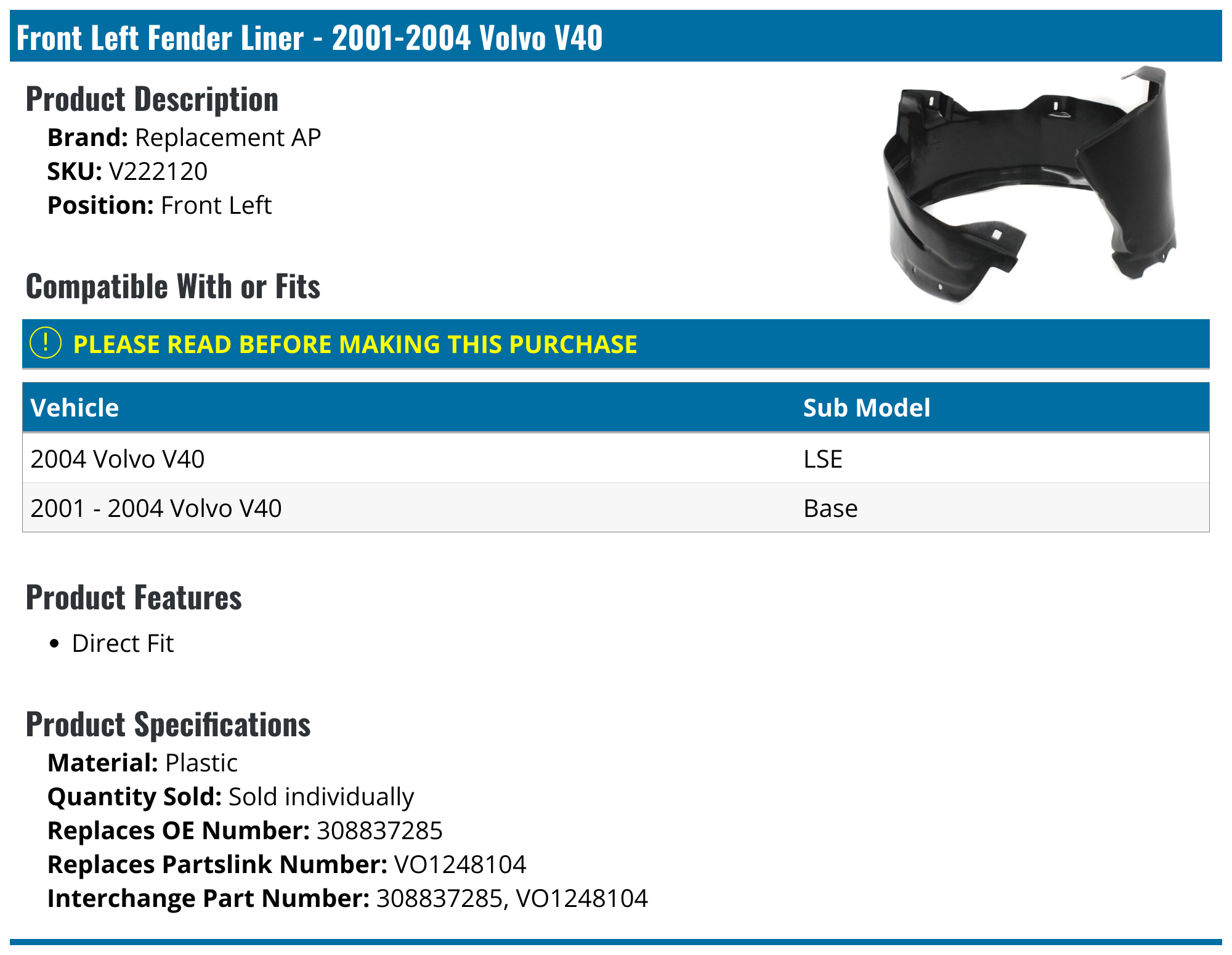 2001-2004 Volvo V40 Fender Liner - Replacement AP V222120 - Front Left ...