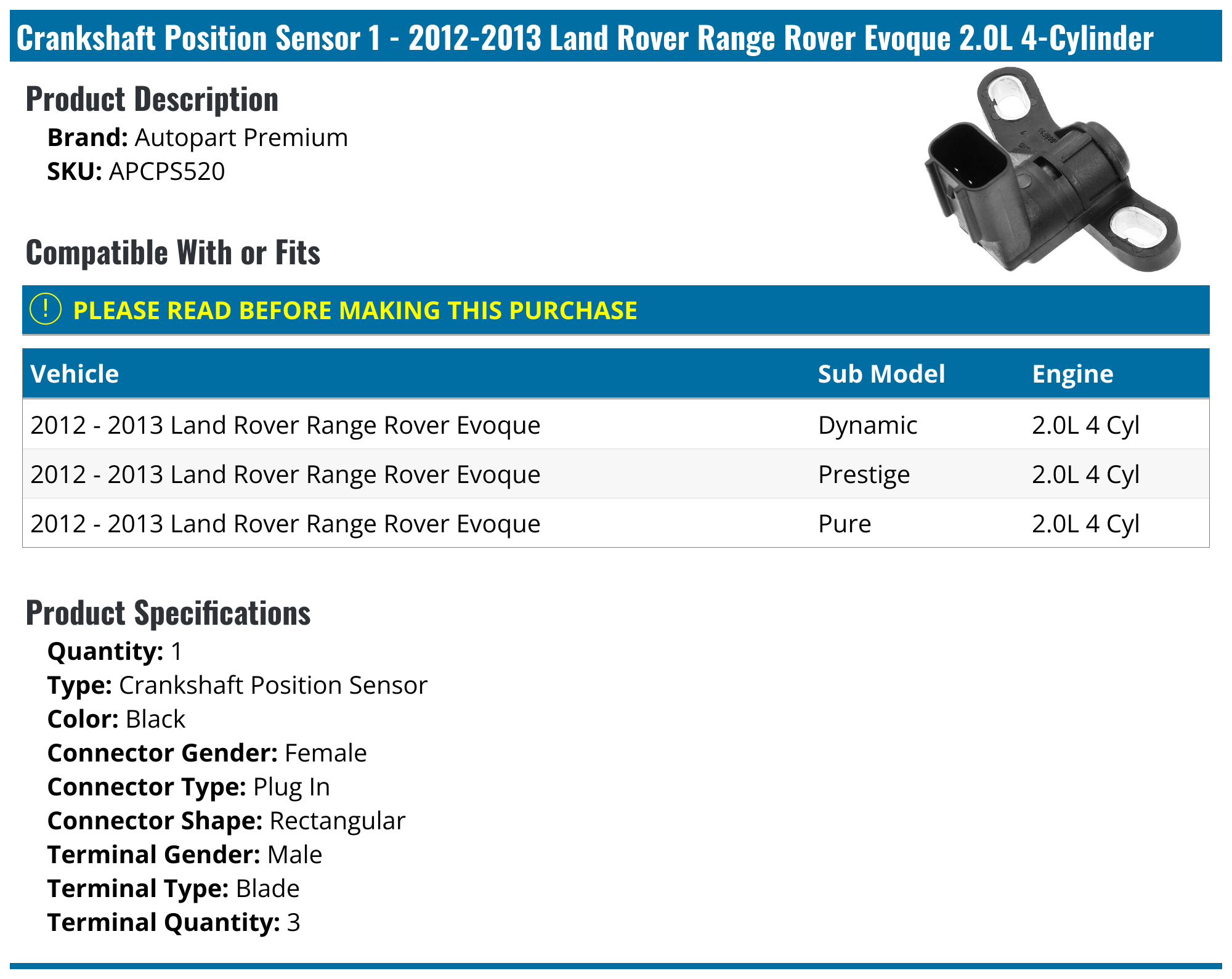 2012-2013 Land Rover Range Rover Evoque Crank Position Sensor ...