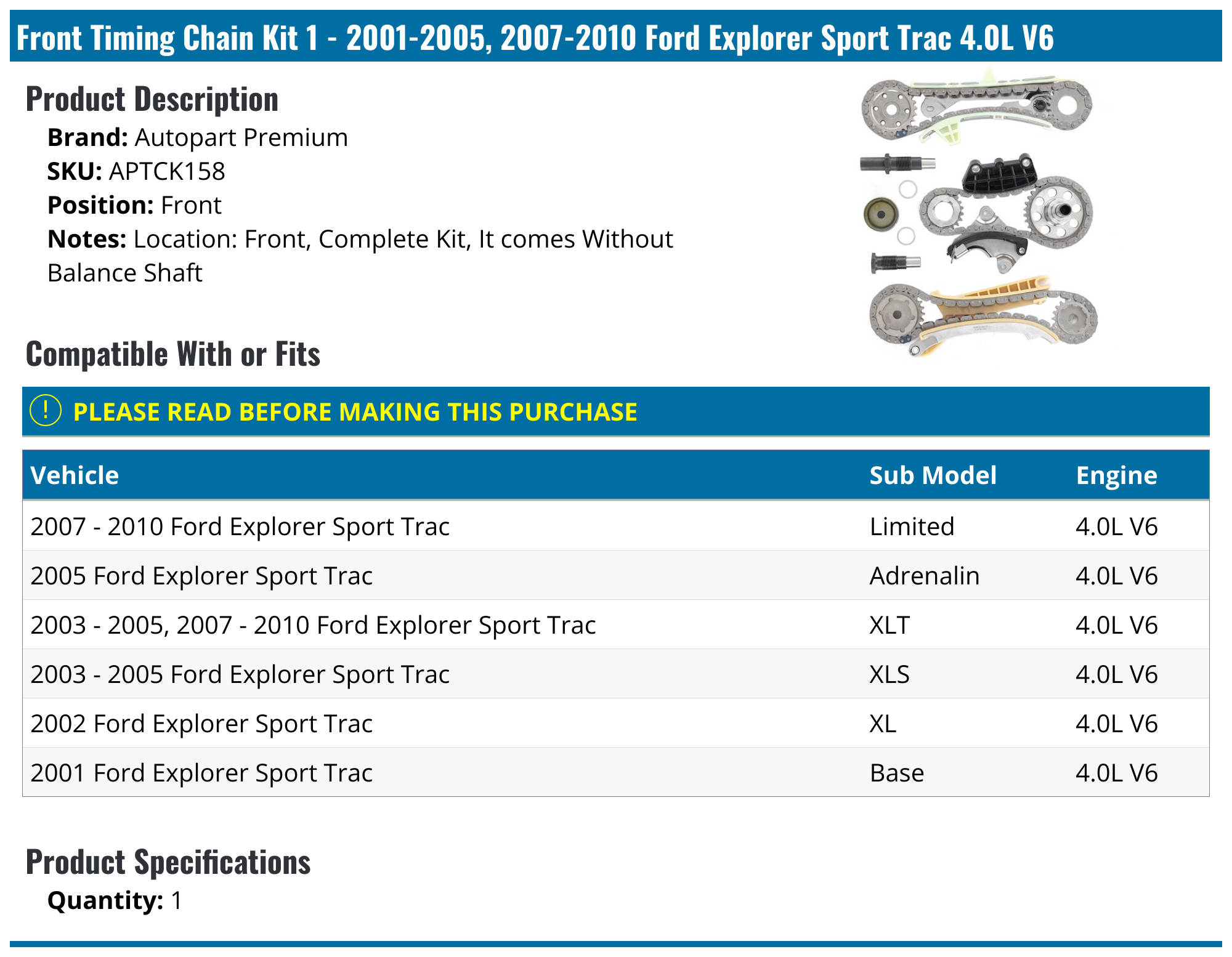 2001-2005, 2007-2010 Ford Explorer Sport Trac Timing Chain - Autopart ...