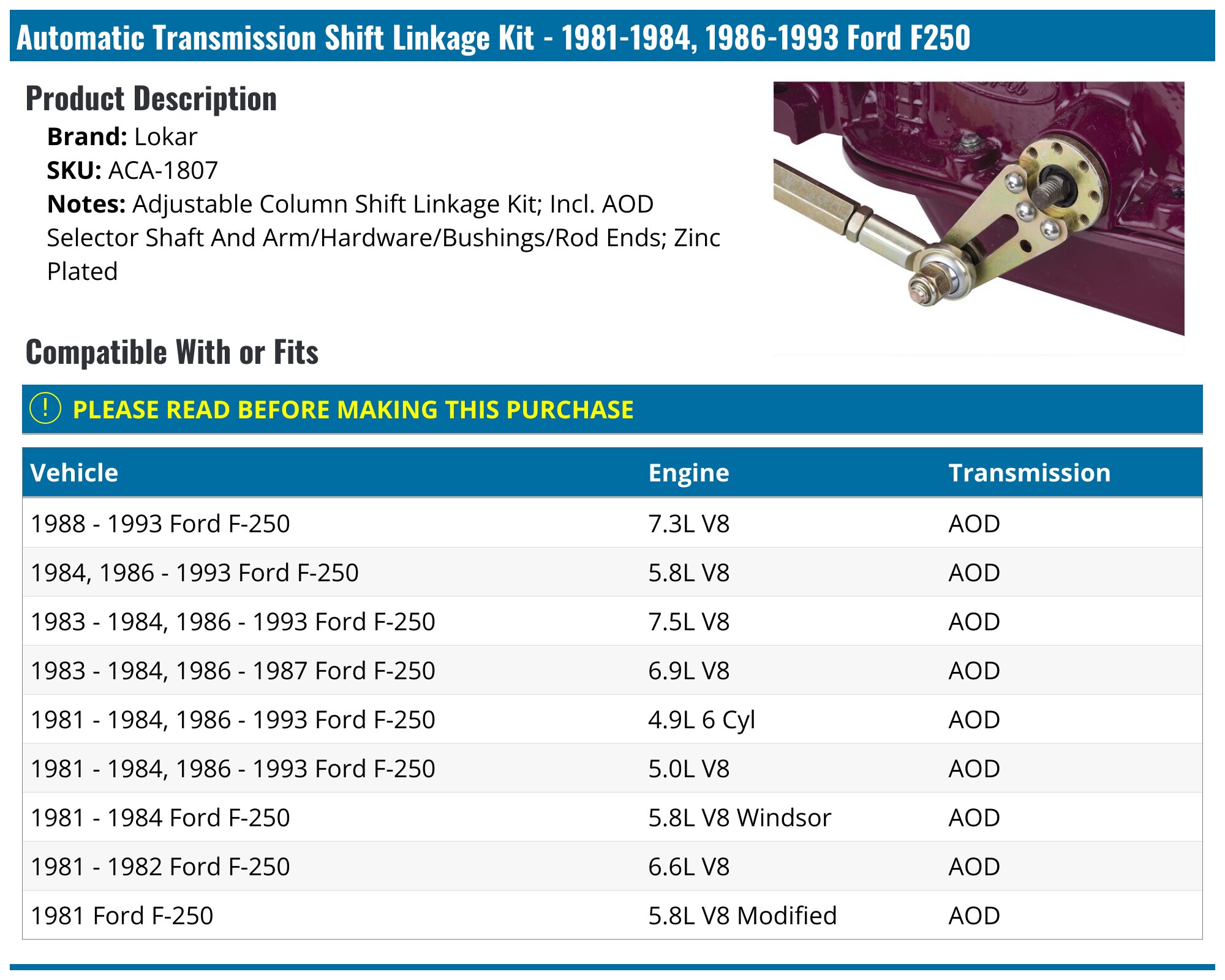 1981-1984, 1986-1993 Ford F250 Automatic Transmission Shift Linkage Kit ...