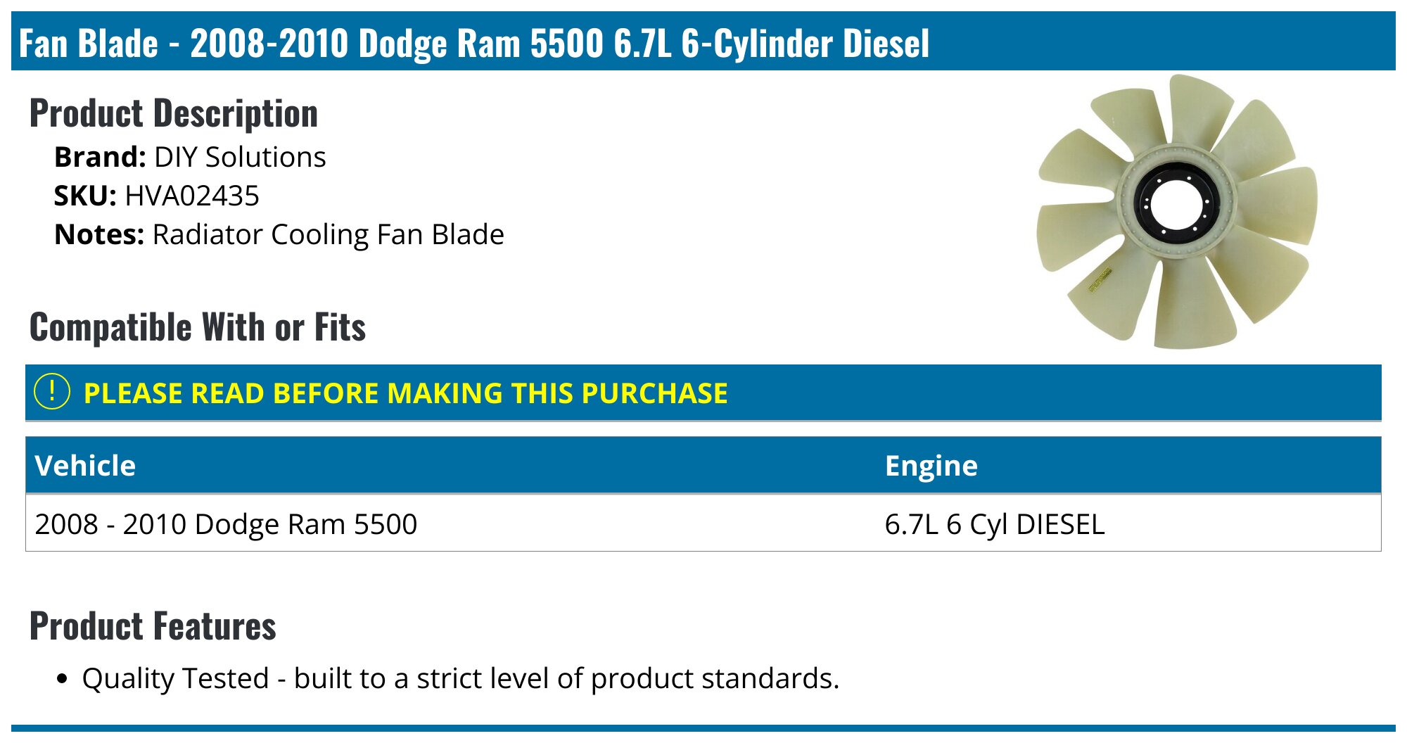 2008-2010 Dodge Ram 5500 Fan Blade - DIY Solutions HVA02435 - PartsGeek.com