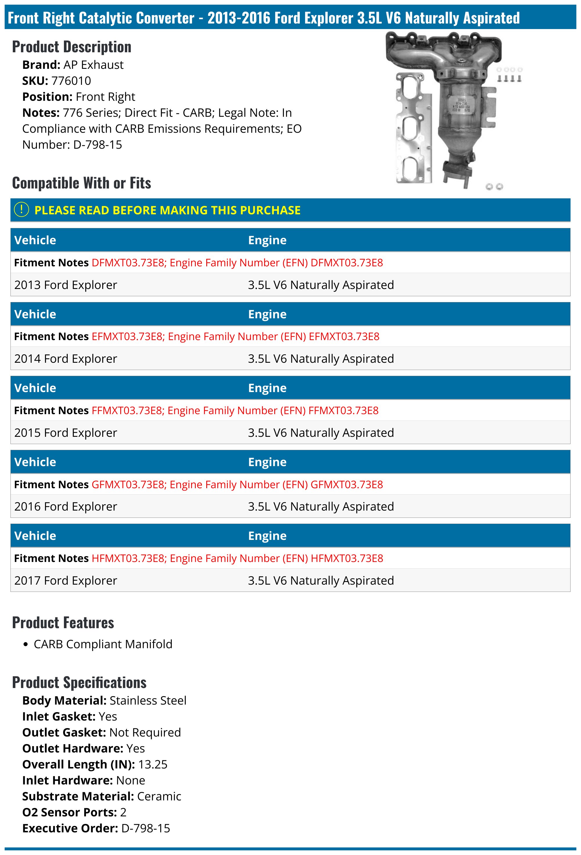 2013-2017 Ford Explorer Catalytic Converter - AP Exhaust 776010 - Front ...