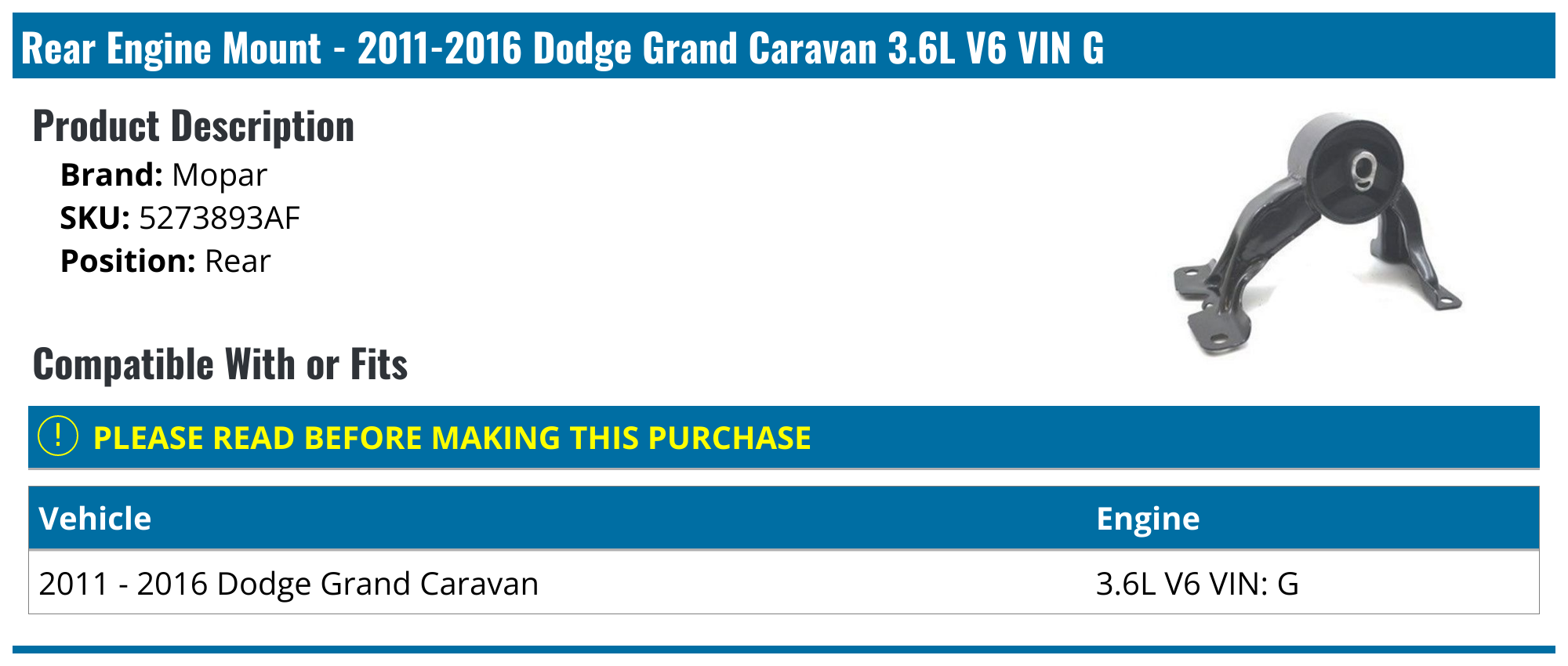 2011-2016 Dodge Grand Caravan Engine Mount - Mopar 5273893AF - Rear ...