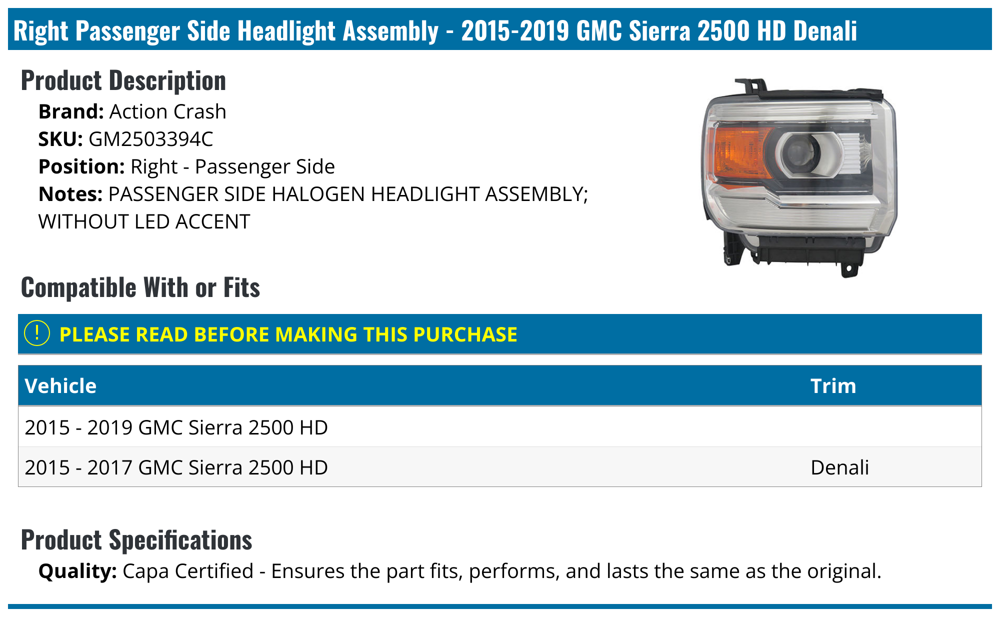 2015-2019 GMC Sierra 2500 HD Headlight Assembly - Action Crash ...