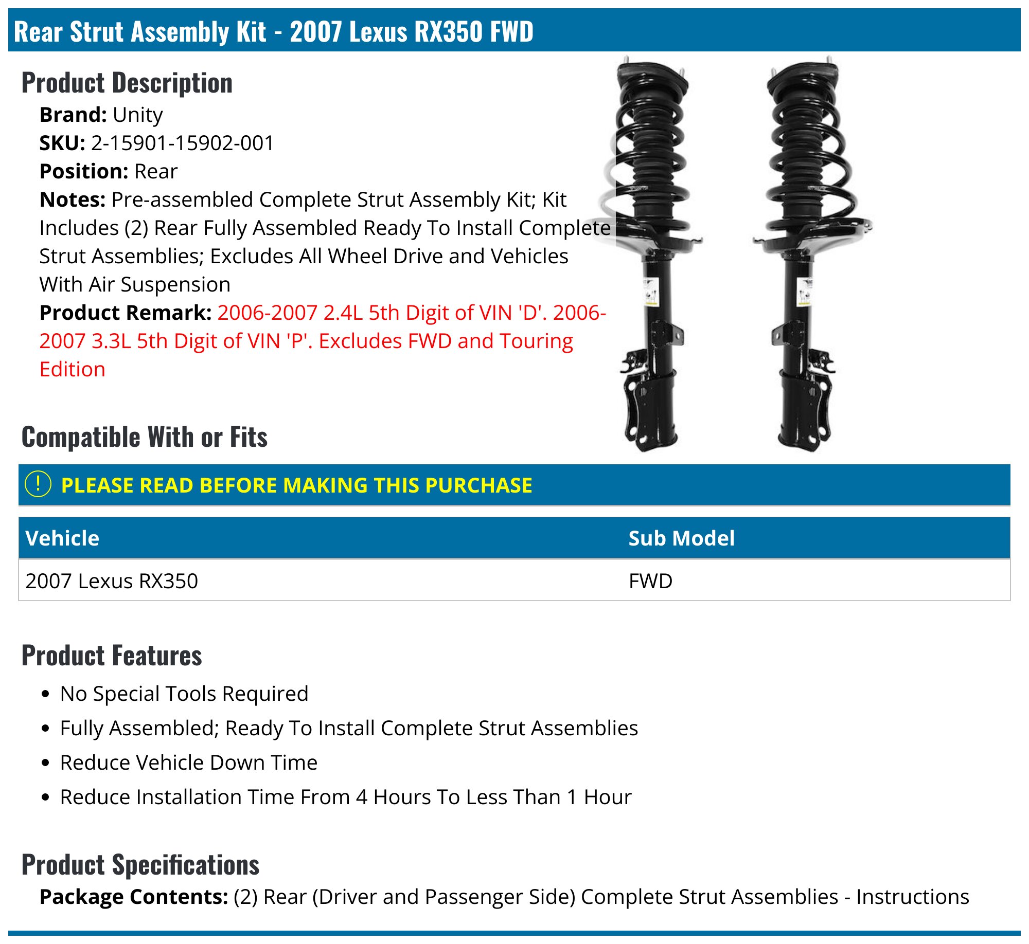 2007 Lexus RX350 Strut Assembly - Unity 2-15901-15902-001 - Rear ...
