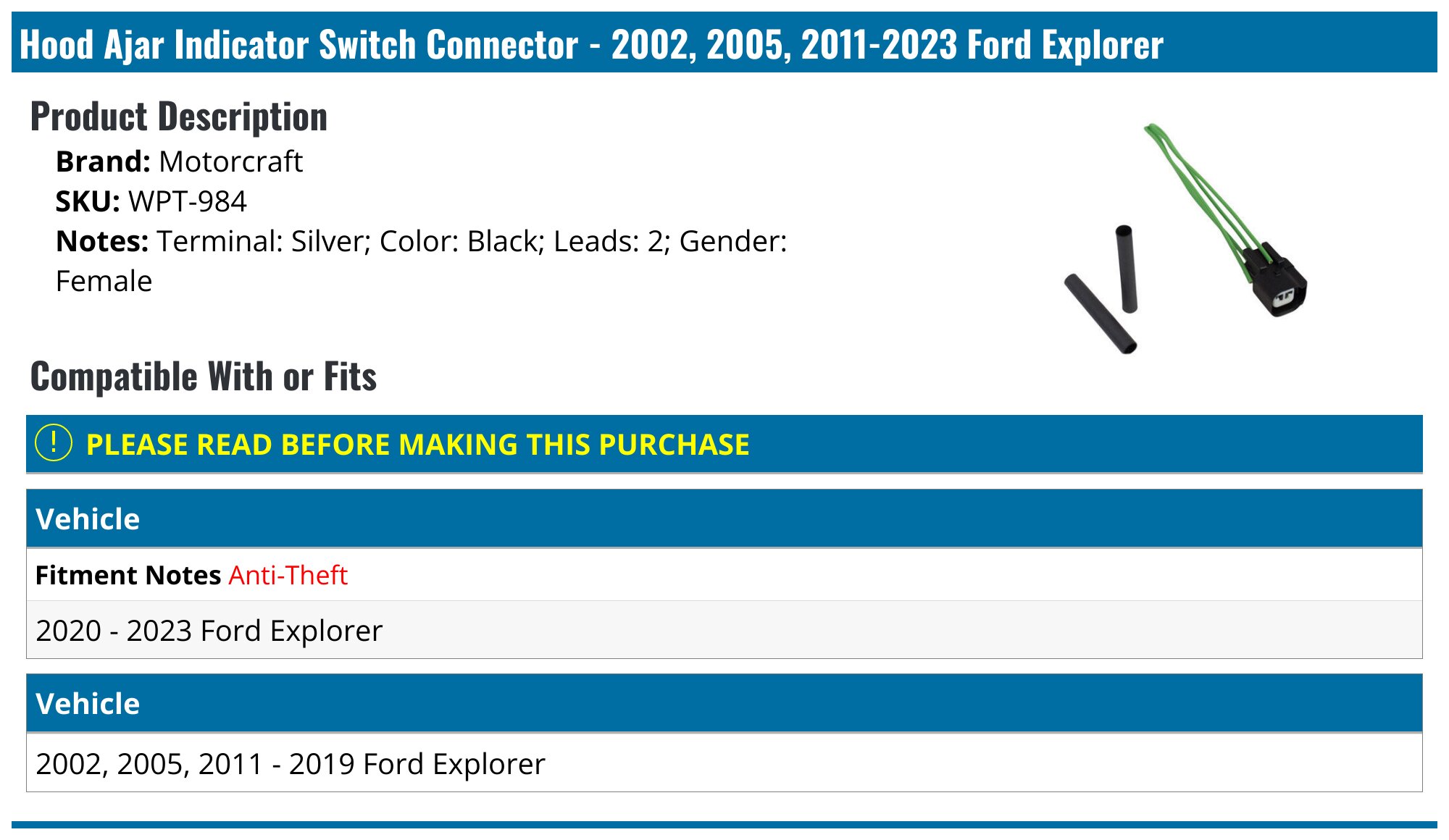 2002, 2005, 2011-2022 Ford Explorer Hood Ajar Indicator Switch ...